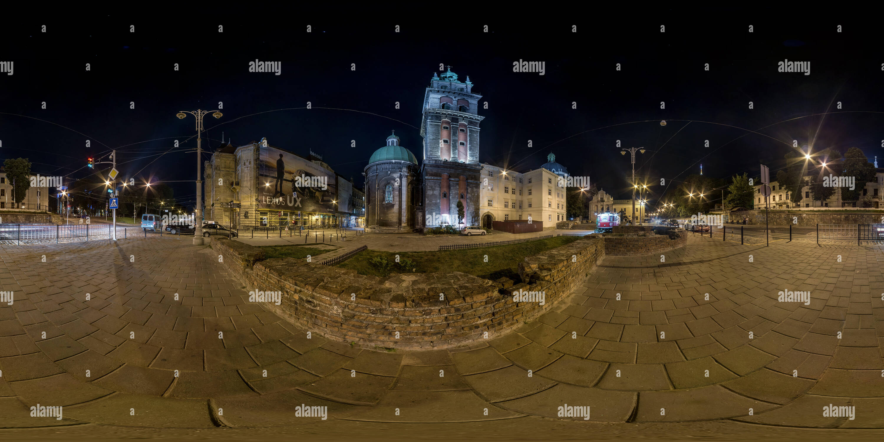 360° view of LVIV, UKRAINE - AUGUST 2019: Full spherical seamless night ...