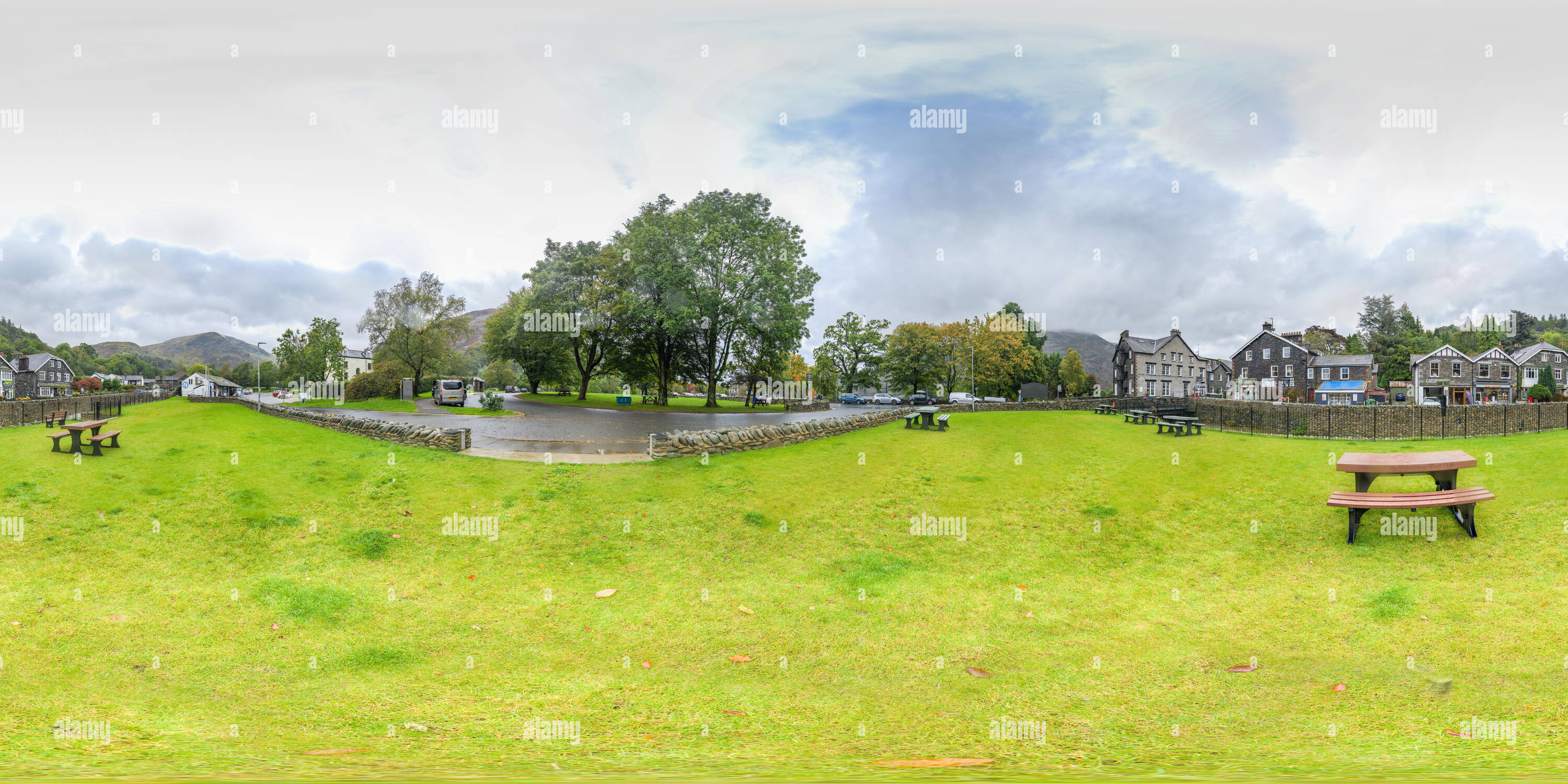 360° view of The village of Glenridding on a wet day, Lake District ...
