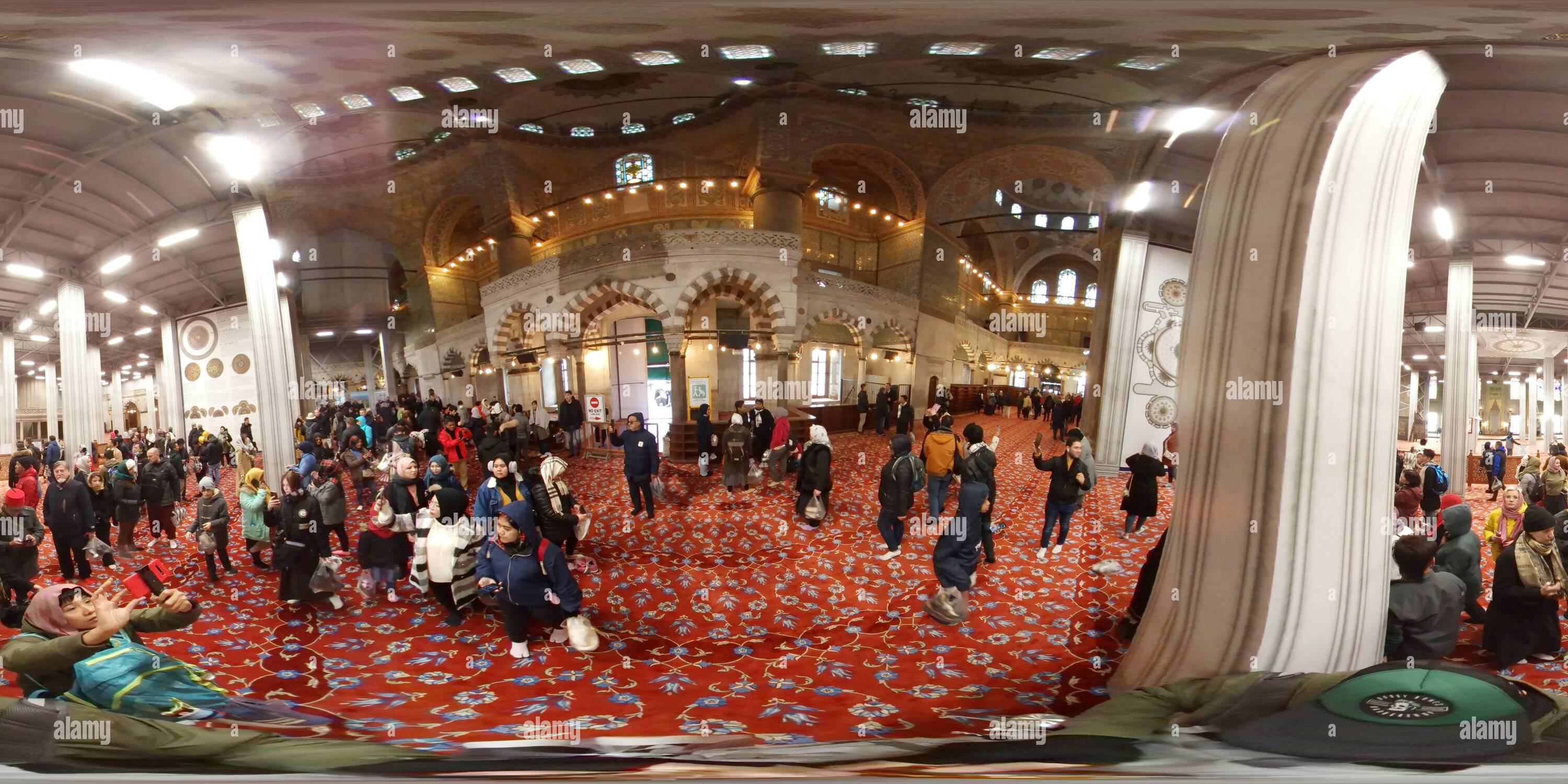 360° view of tourists at blue mosque with 6 minarets in Istanbul ...