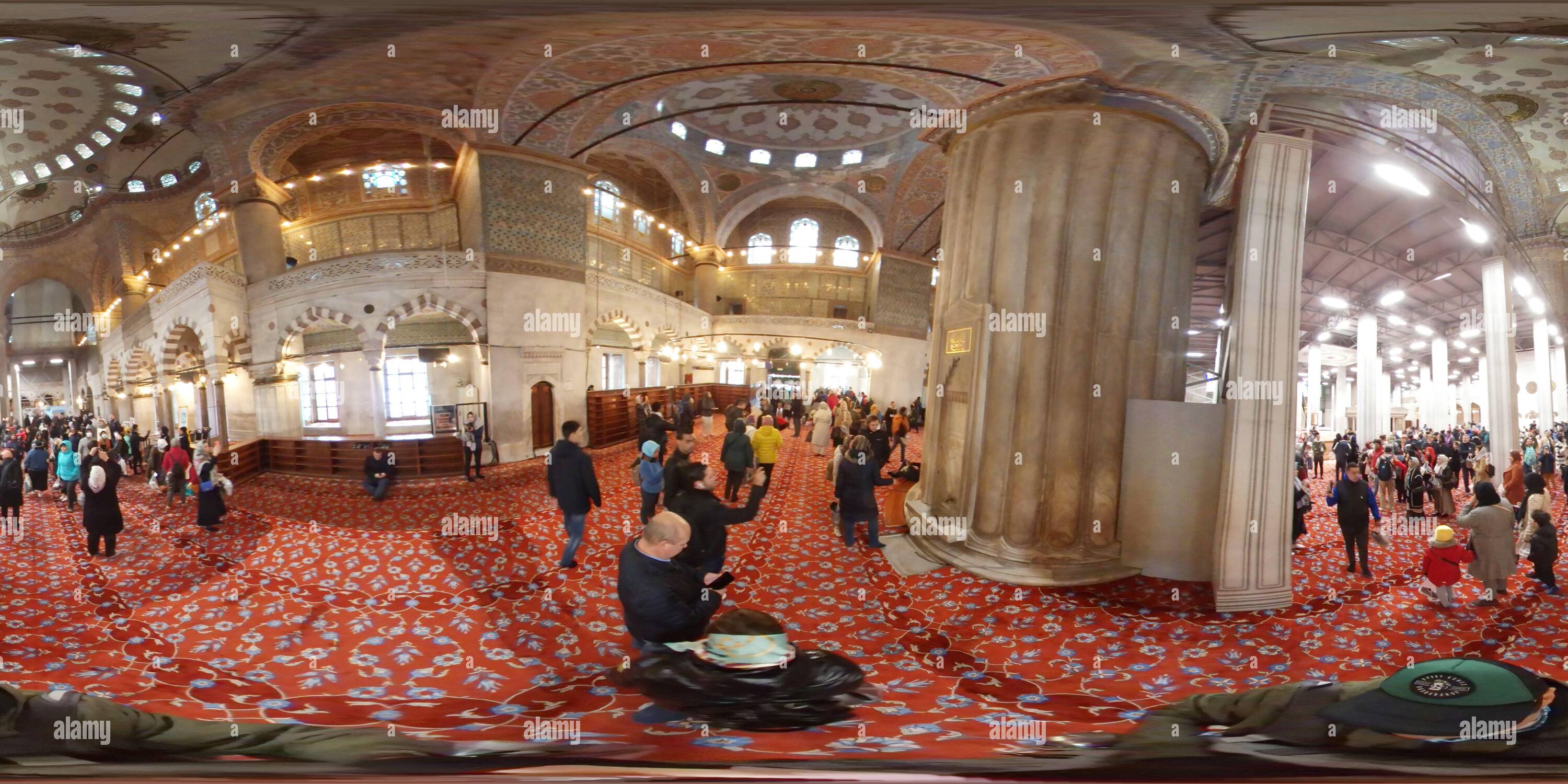 360° view of tourists at blue mosque with 6 minarets in Istanbul ...