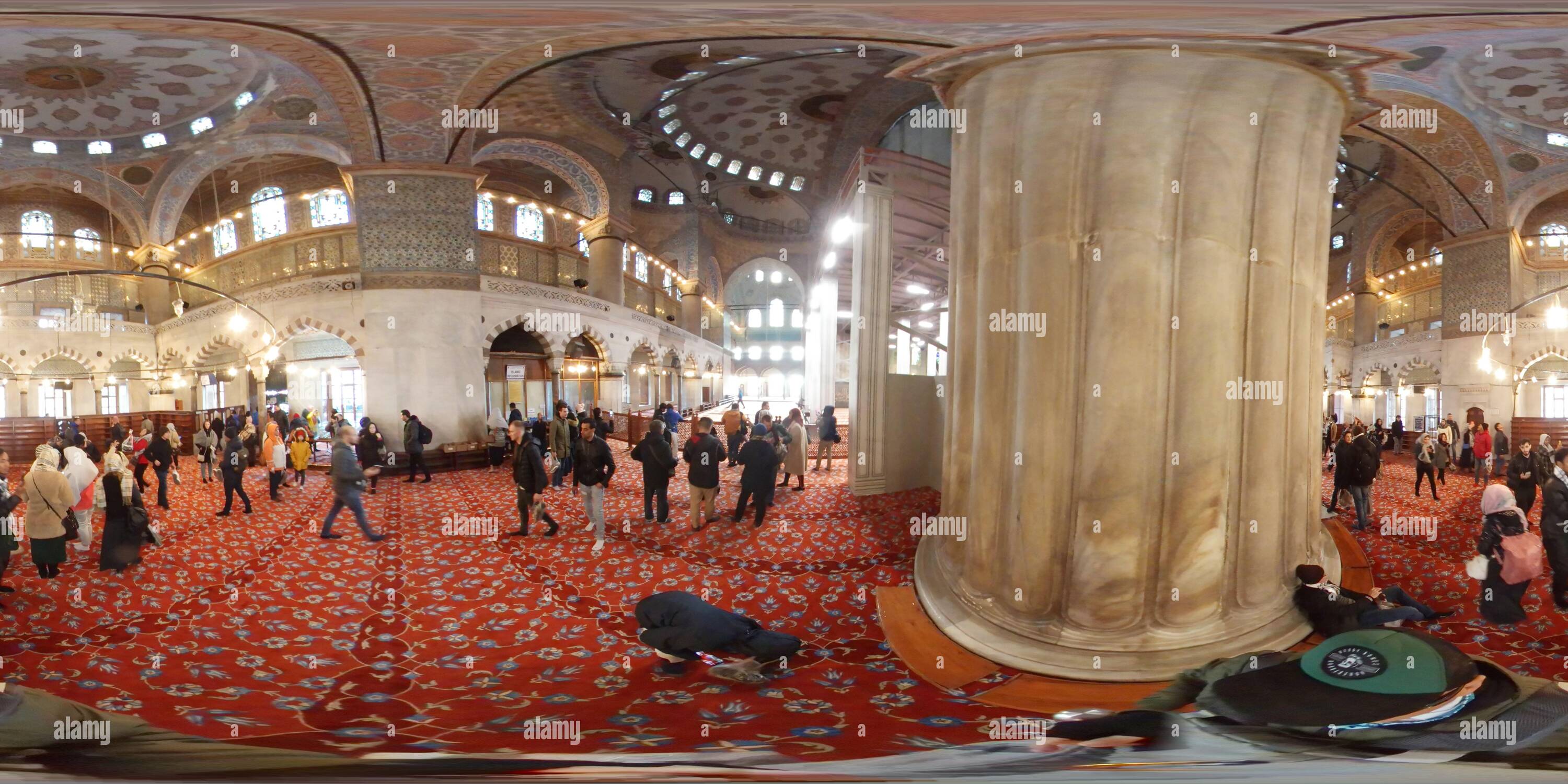 360° view of tourists at blue mosque with 6 minarets in Istanbul ...