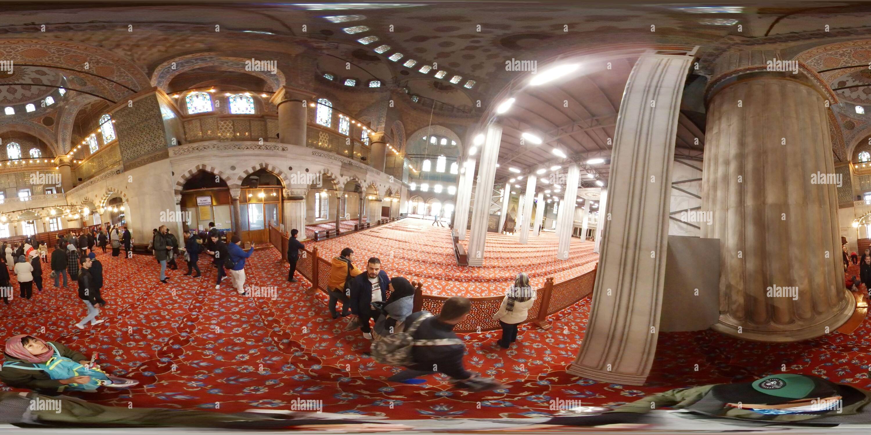 360° view of tourists at blue mosque with 6 minarets in Istanbul ...