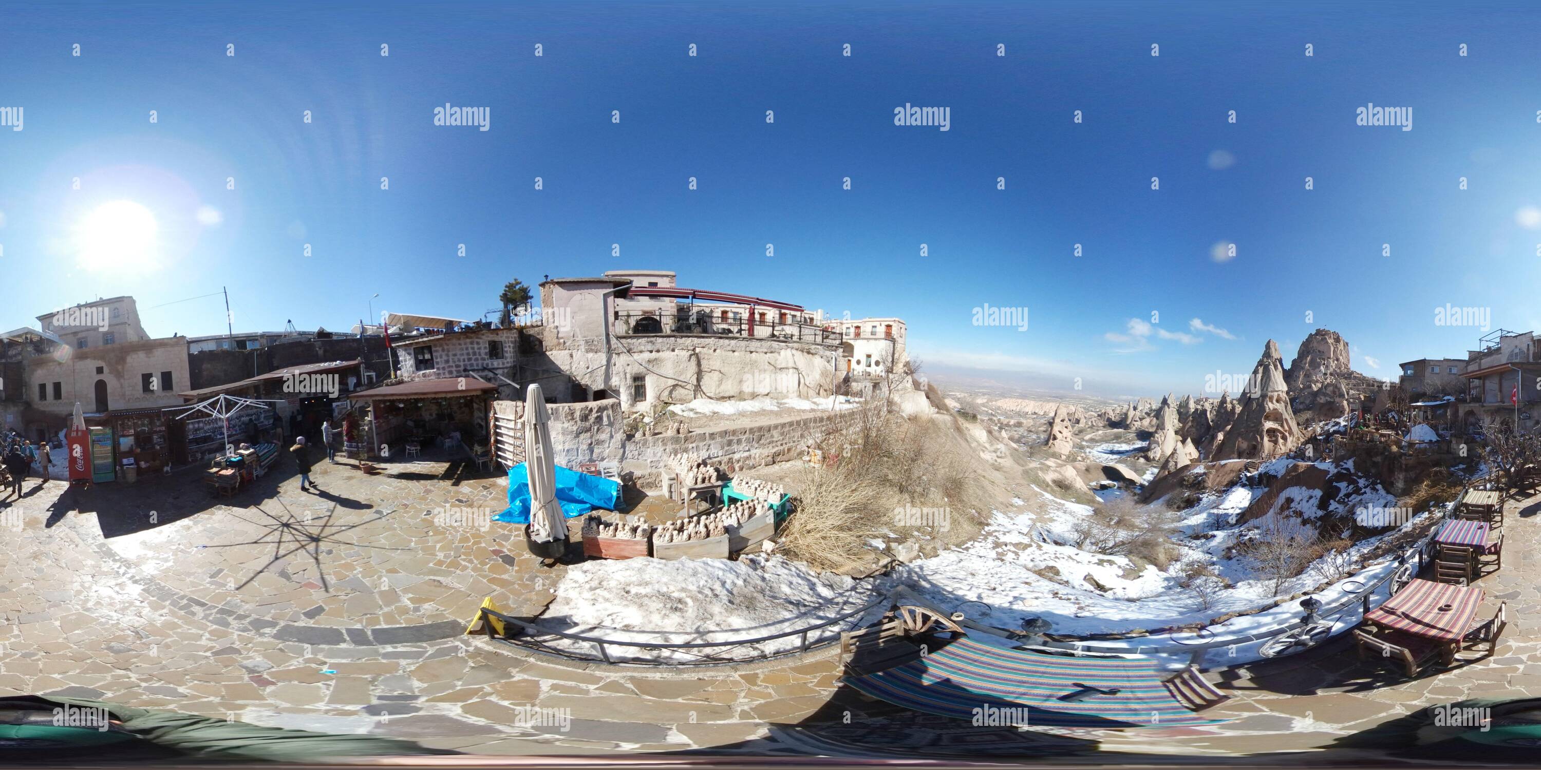 360° view of white lime cascades formed by hot mineral springs at ...