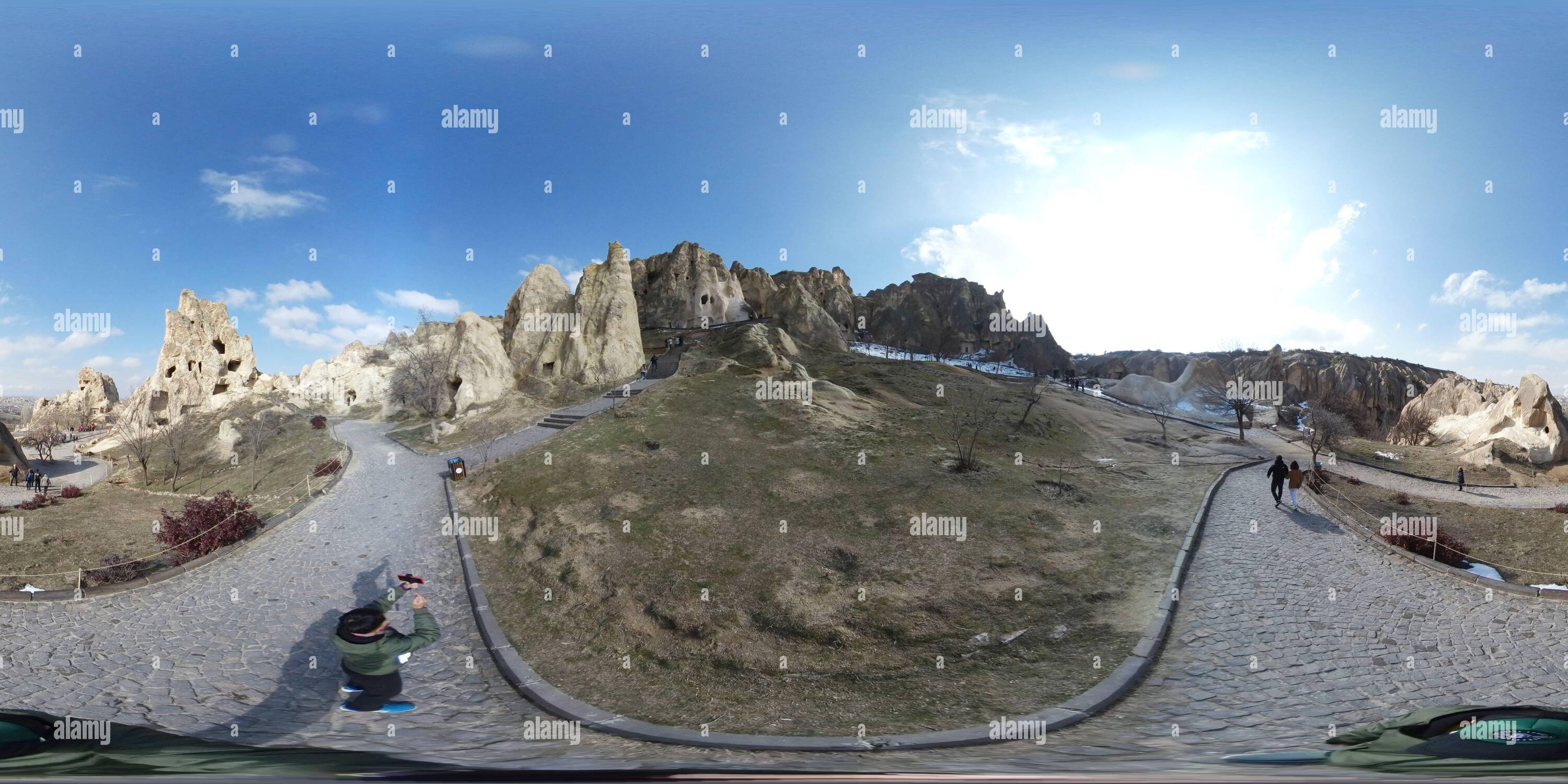 360° view of white lime cascades formed by hot mineral springs at ...