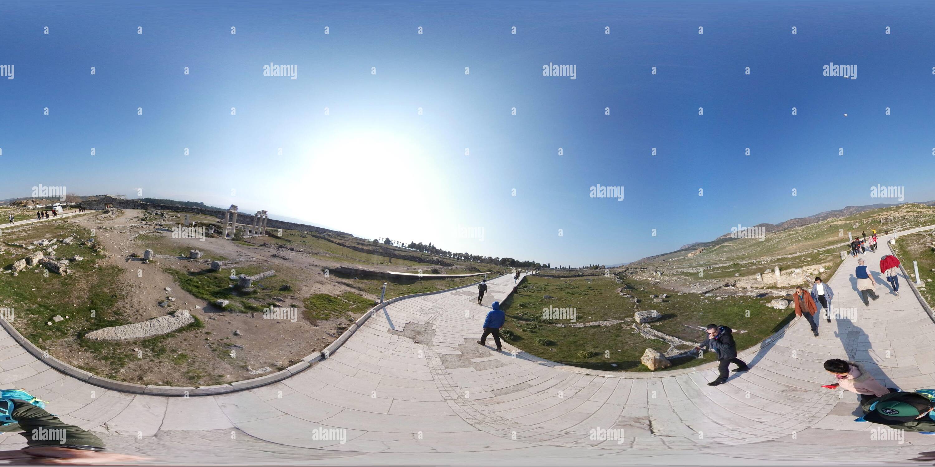 360° view of white lime cascades formed by hot mineral springs at ...