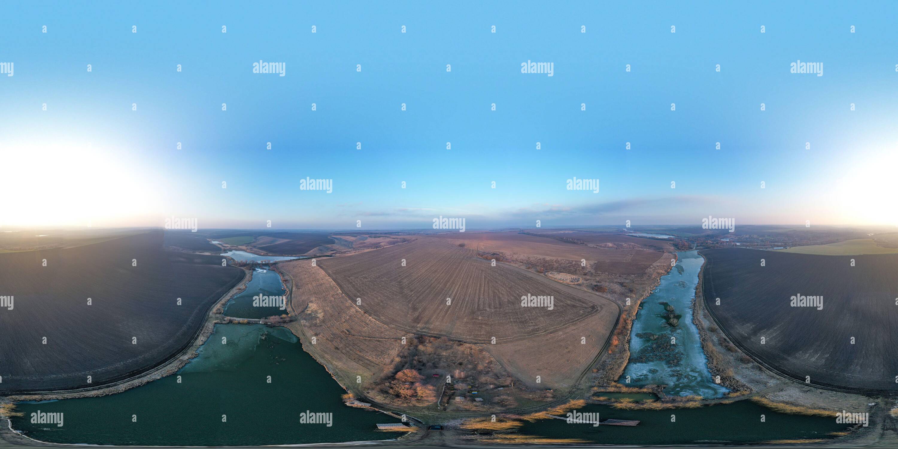 360° view of Crossing the river. Drone above lake - Alamy