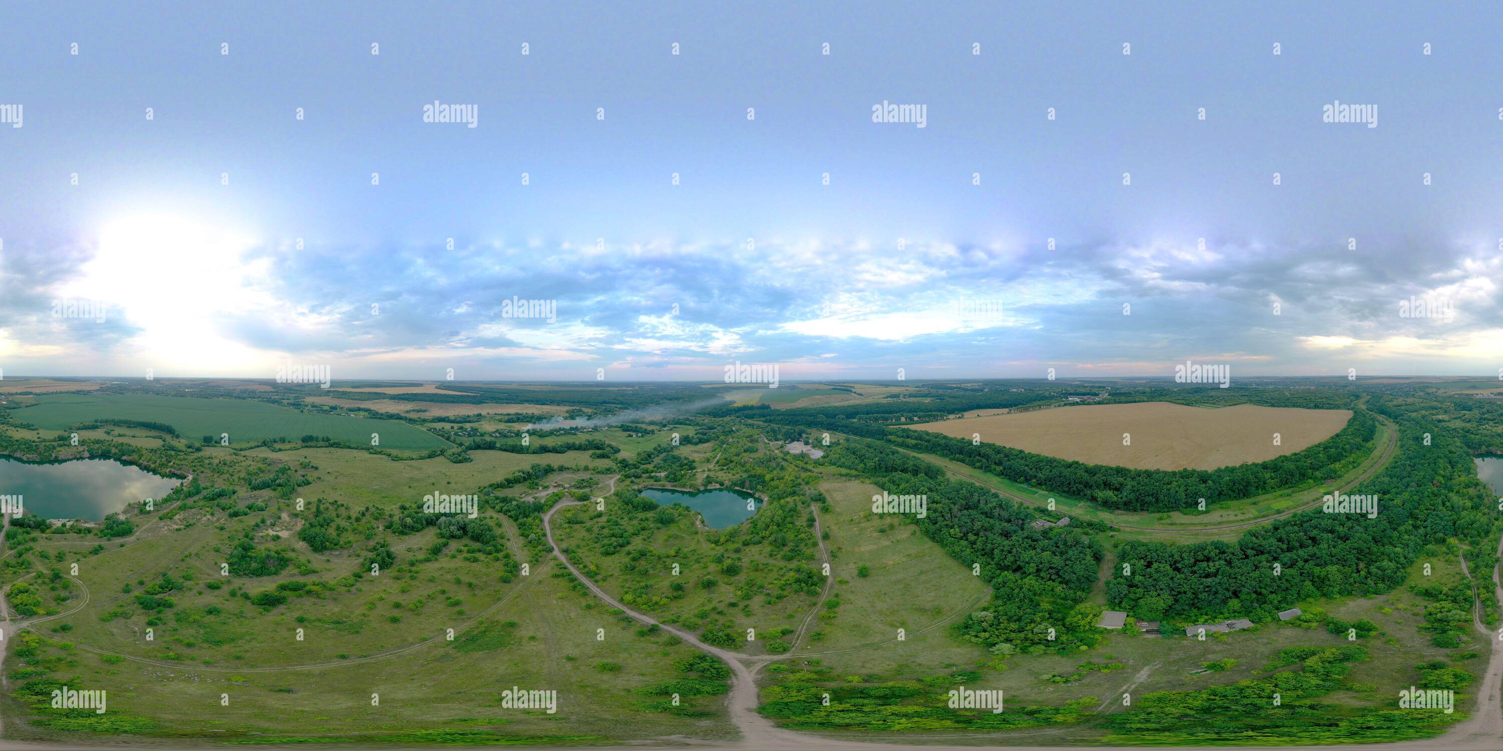 360° view of Beautiful panorama of green fields and meadows and two ...