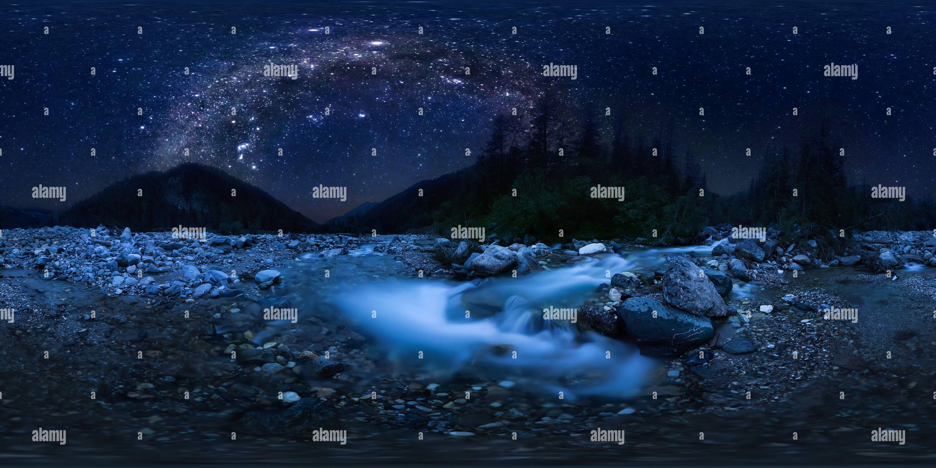 360° view of the milky way arc over mountain river in the middle of the ...