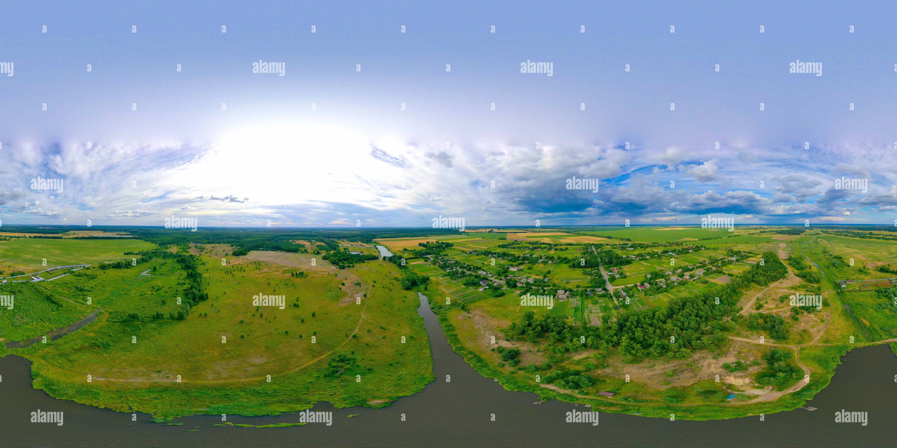 360° view of 360-degree aerial view from a drone of a large river and ...