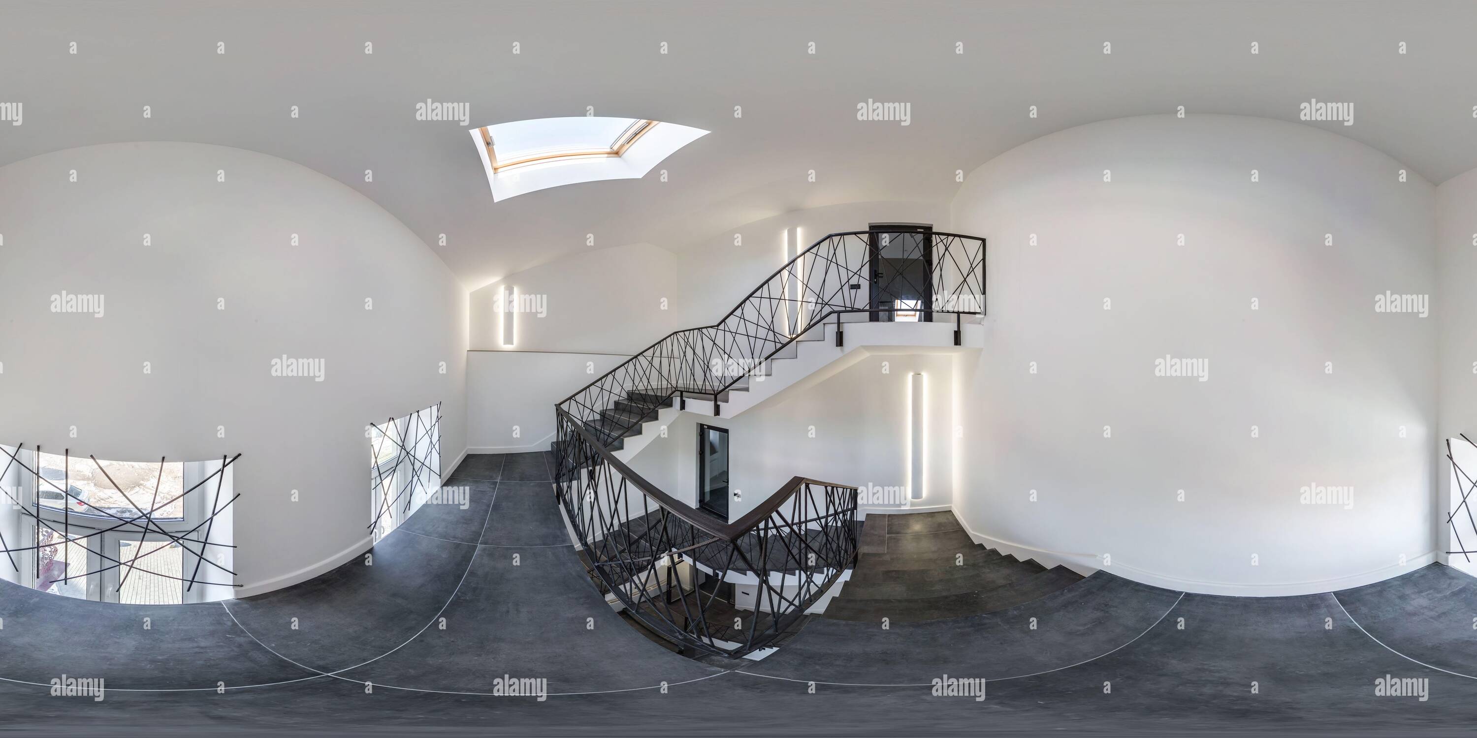 360° view of white emergency and evacuation exit spiral stair in up ...