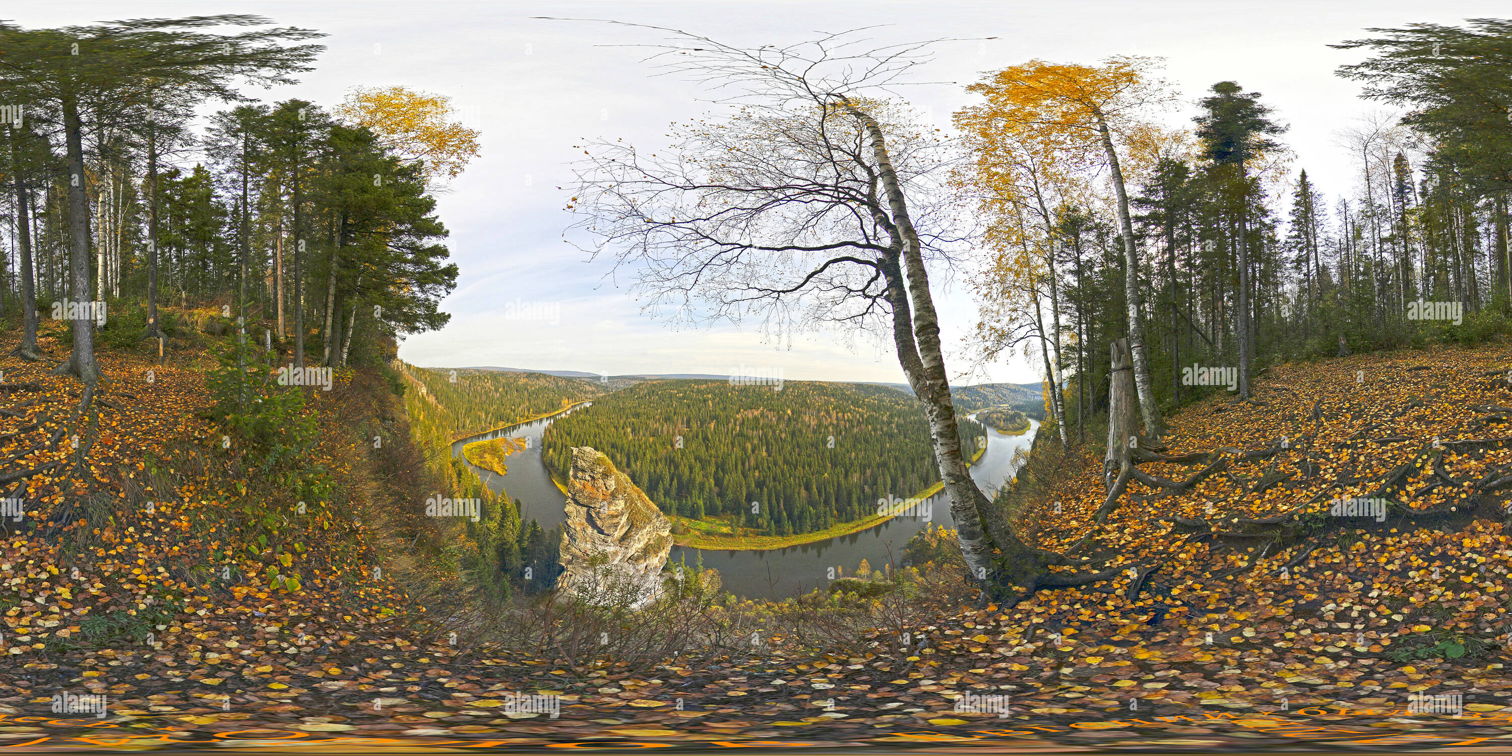 360° view of Northern Urals. Usva river. Stone "Devil's Finger - Alamy