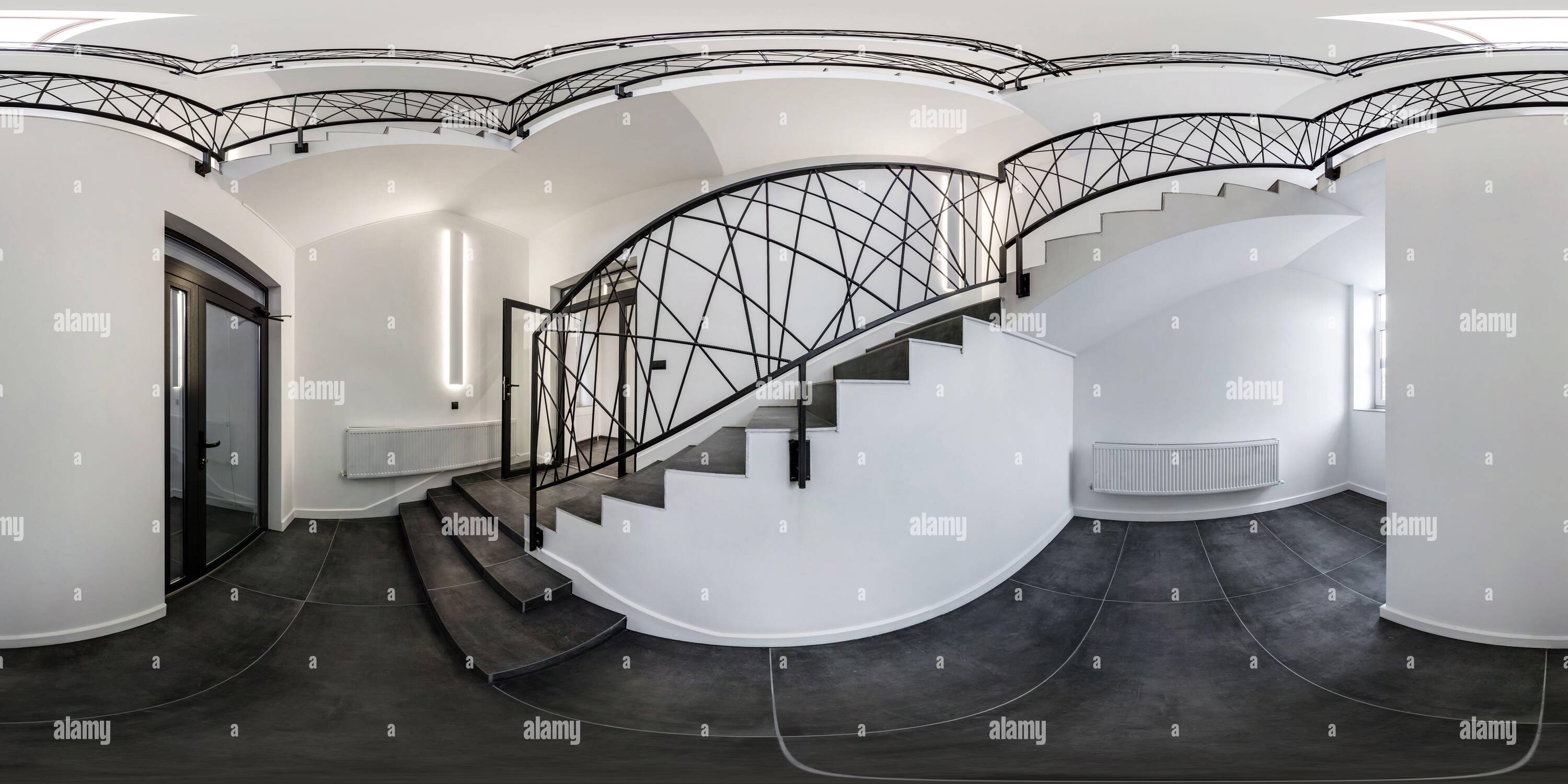 360° view of white emergency and evacuation exit spiral stair in up ...