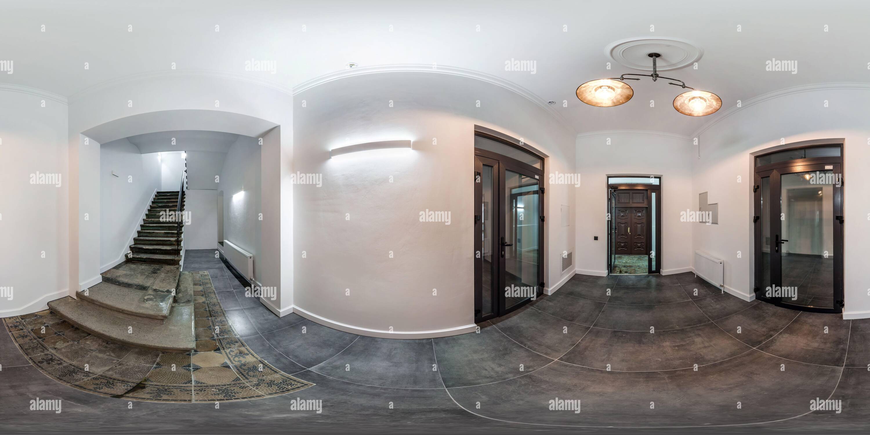360° view of white emergency and evacuation exit spiral stair in up ...