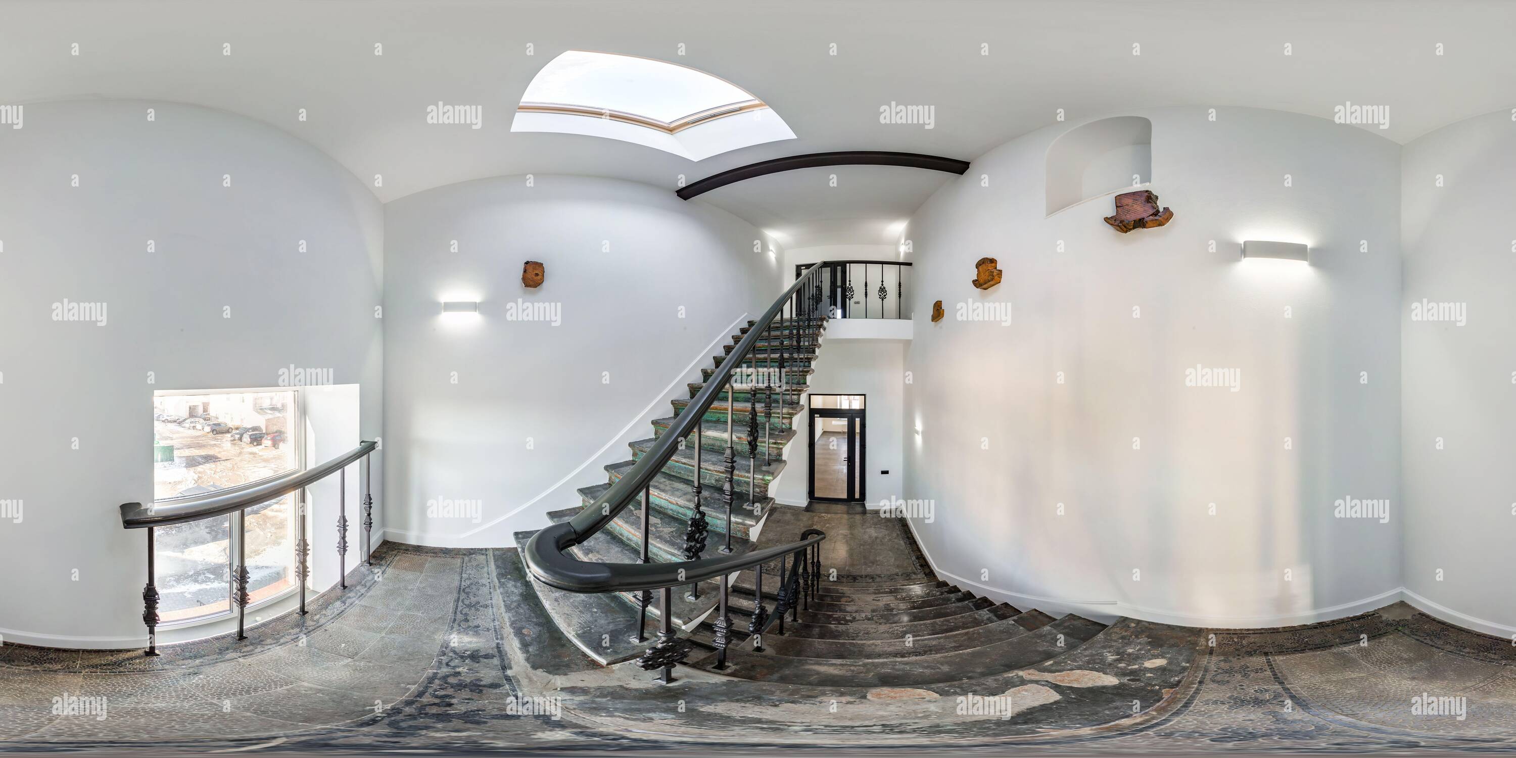 360° view of white emergency and evacuation exit spiral stair in up ...