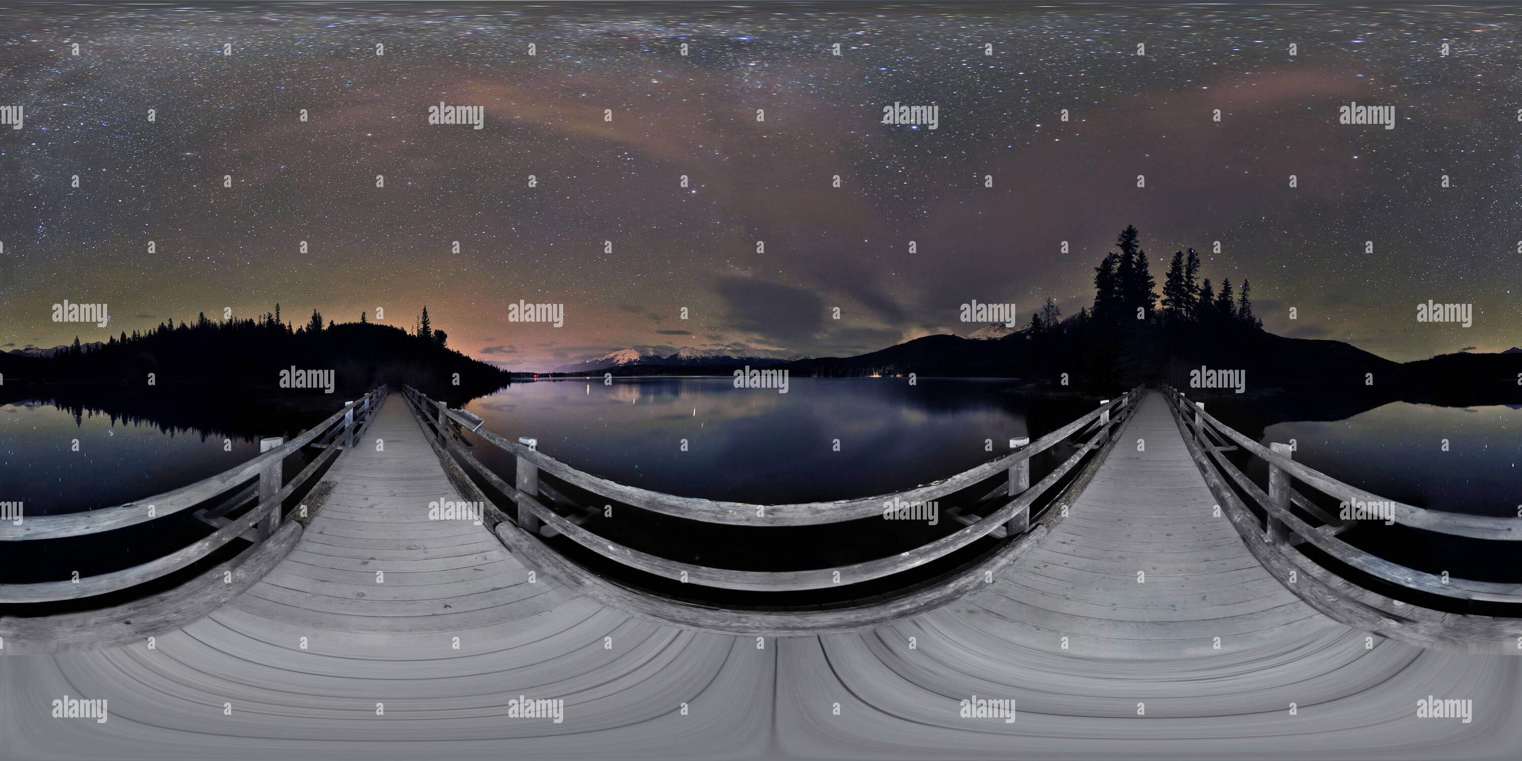 360° view of Clear starry night at Pyramid Lake in the Jasper National ...
