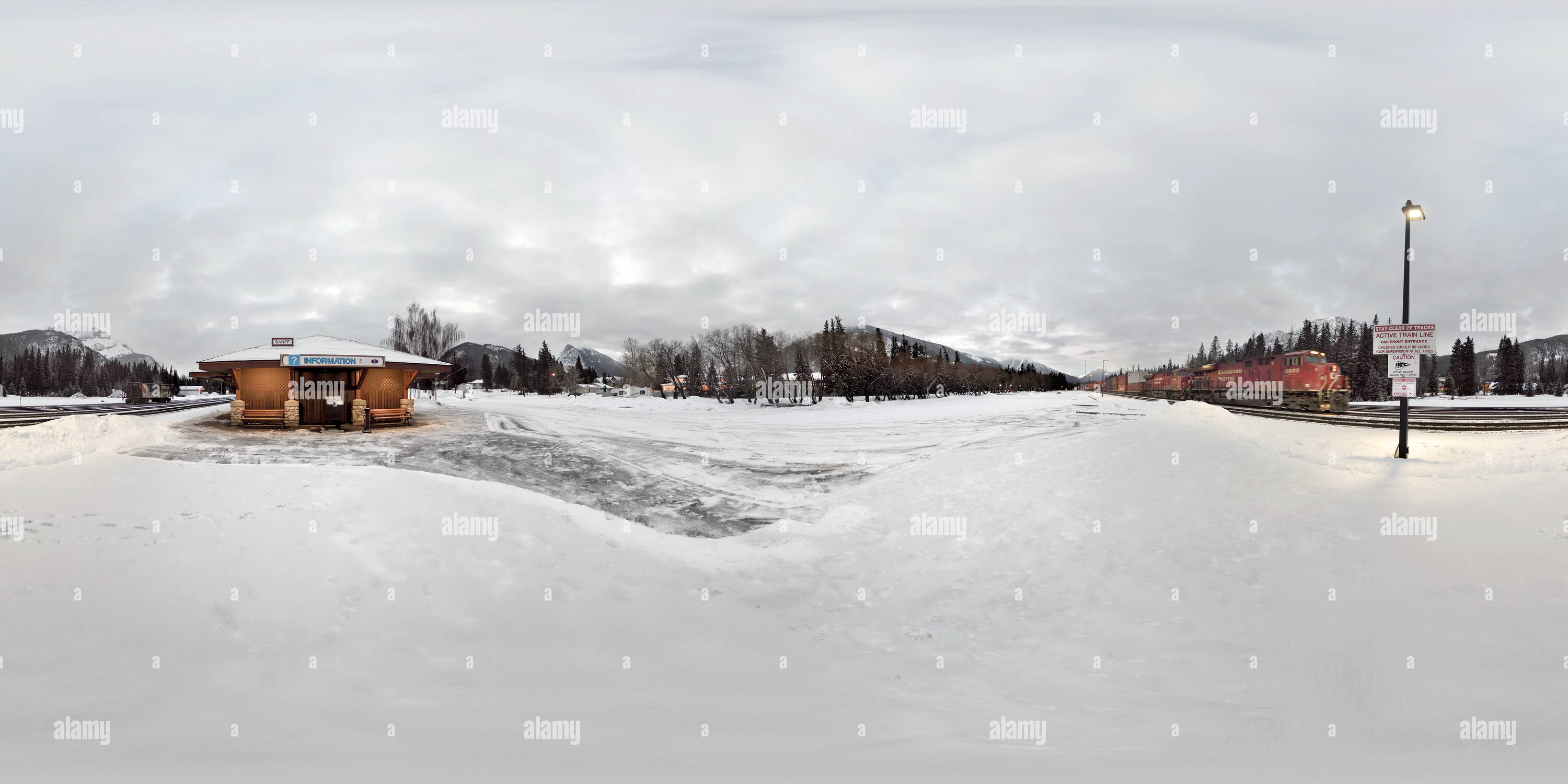 360° view of Snowy winter day at Banff Train Station in Alberta, Canada ...