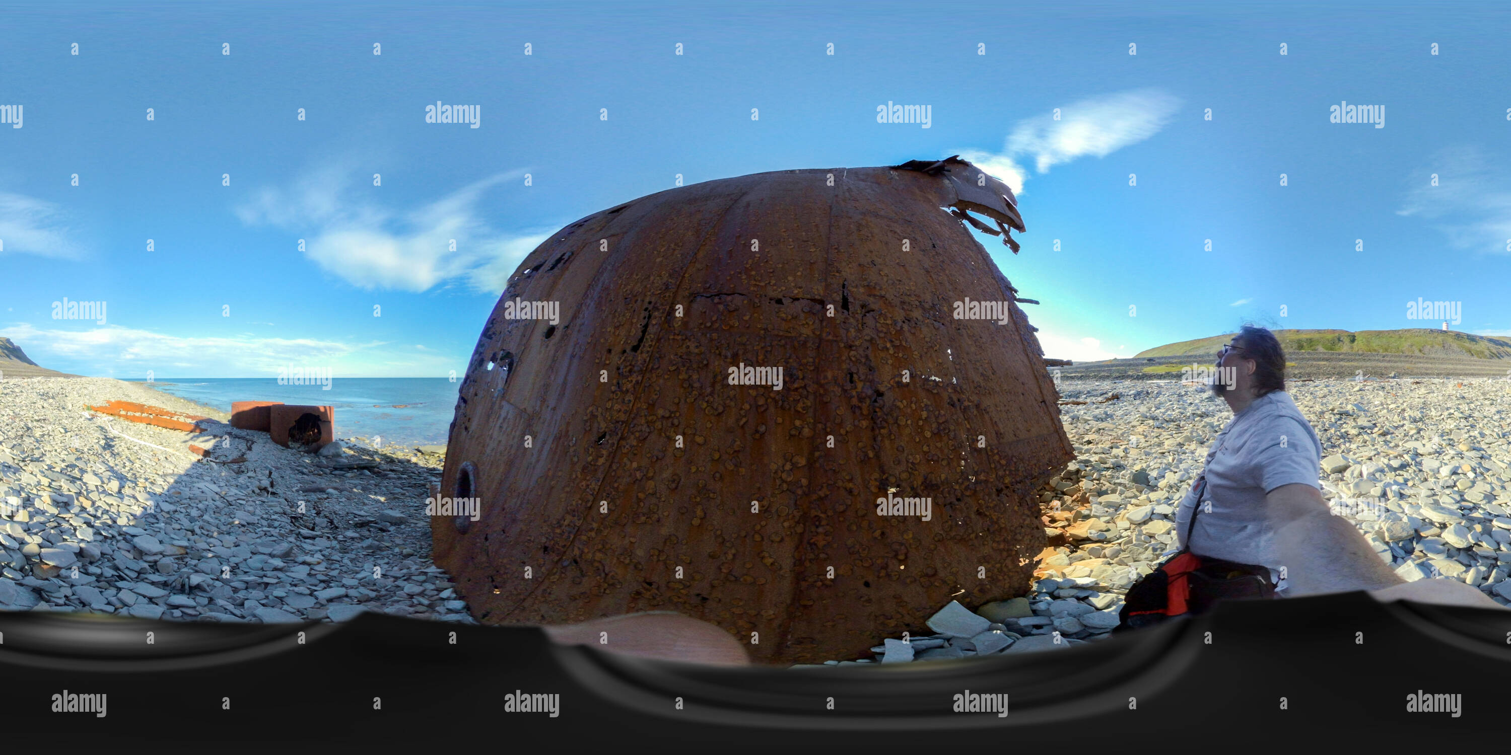 360° view of Rusty ship on the shore of Kildin Island in the Barents ...