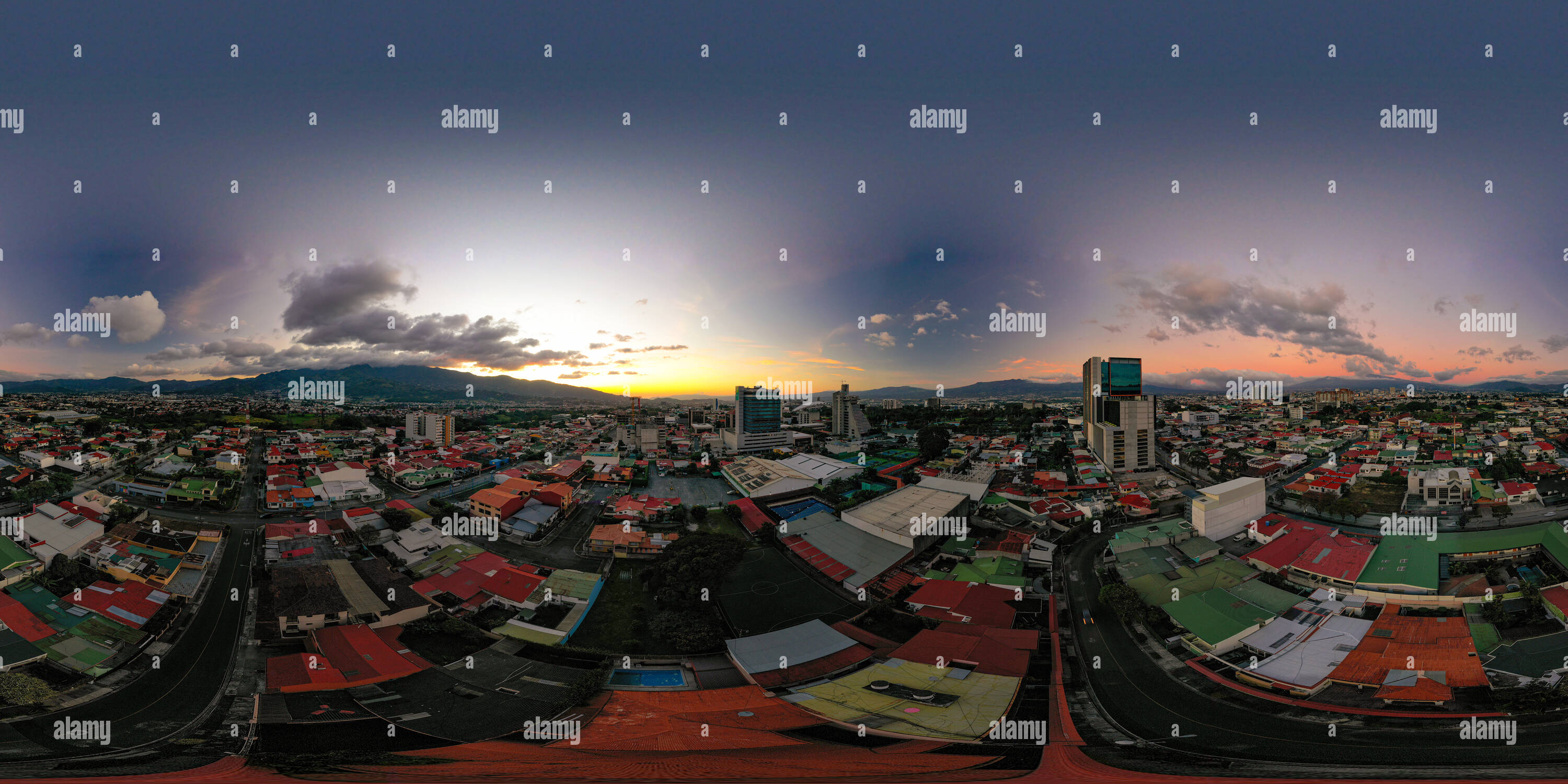360° view of 360 pano view from my towm, featuring a very nice sunset ...