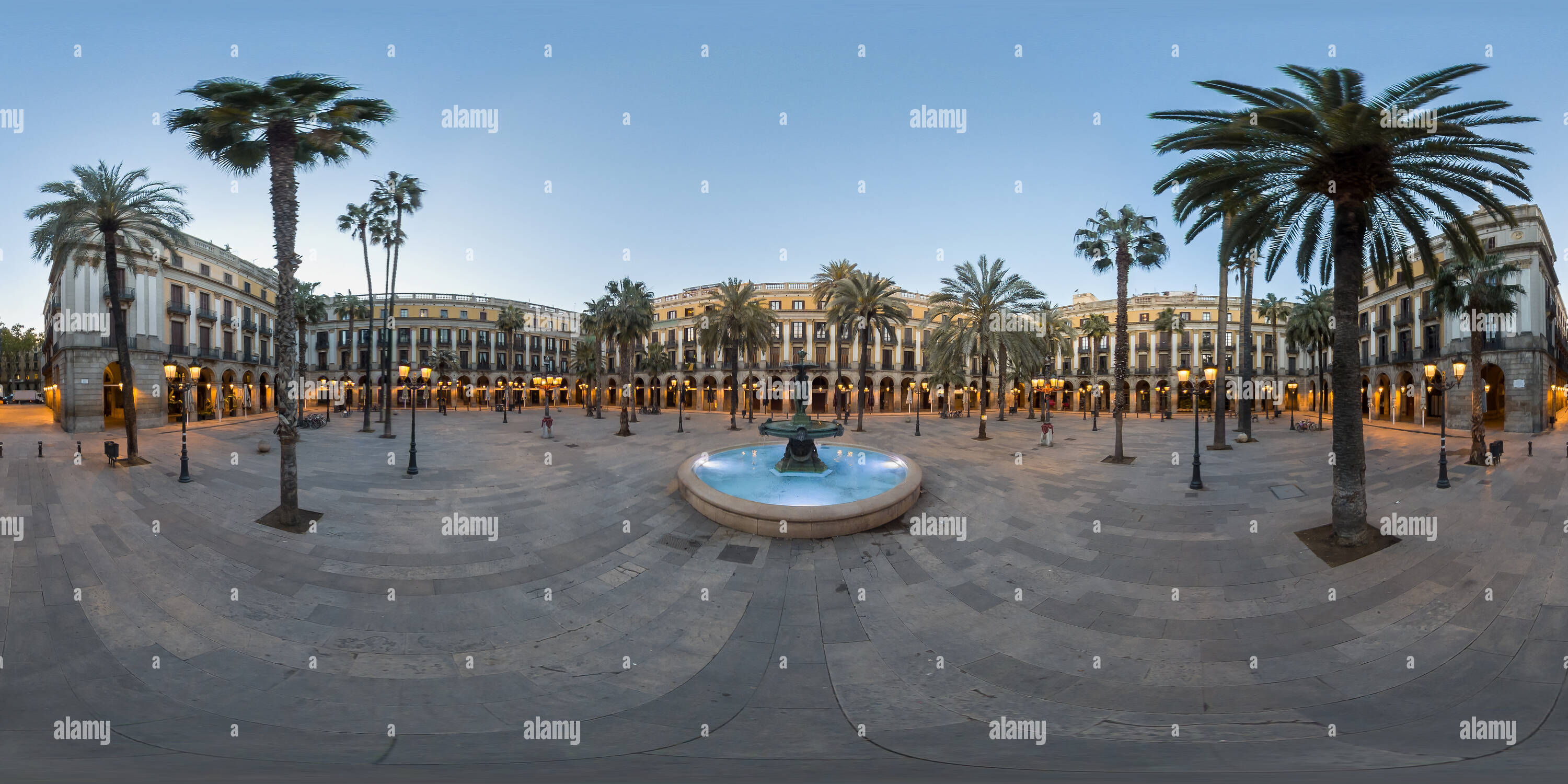 360° view of Barcelona 360VR Square royal at sunset without people - Alamy