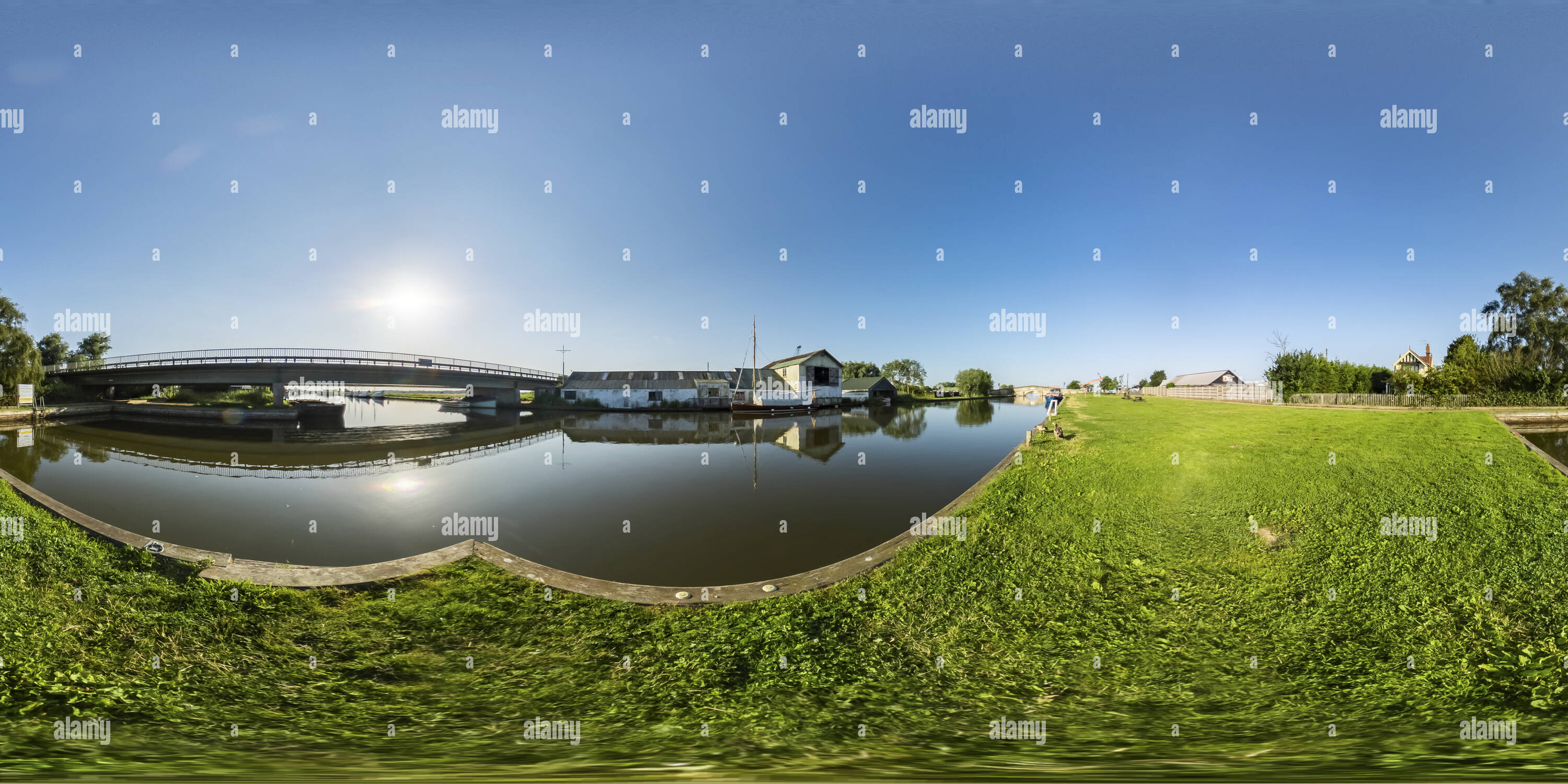360° view of River Thurne river bank in Potter Heigham, Norfolk Broads ...