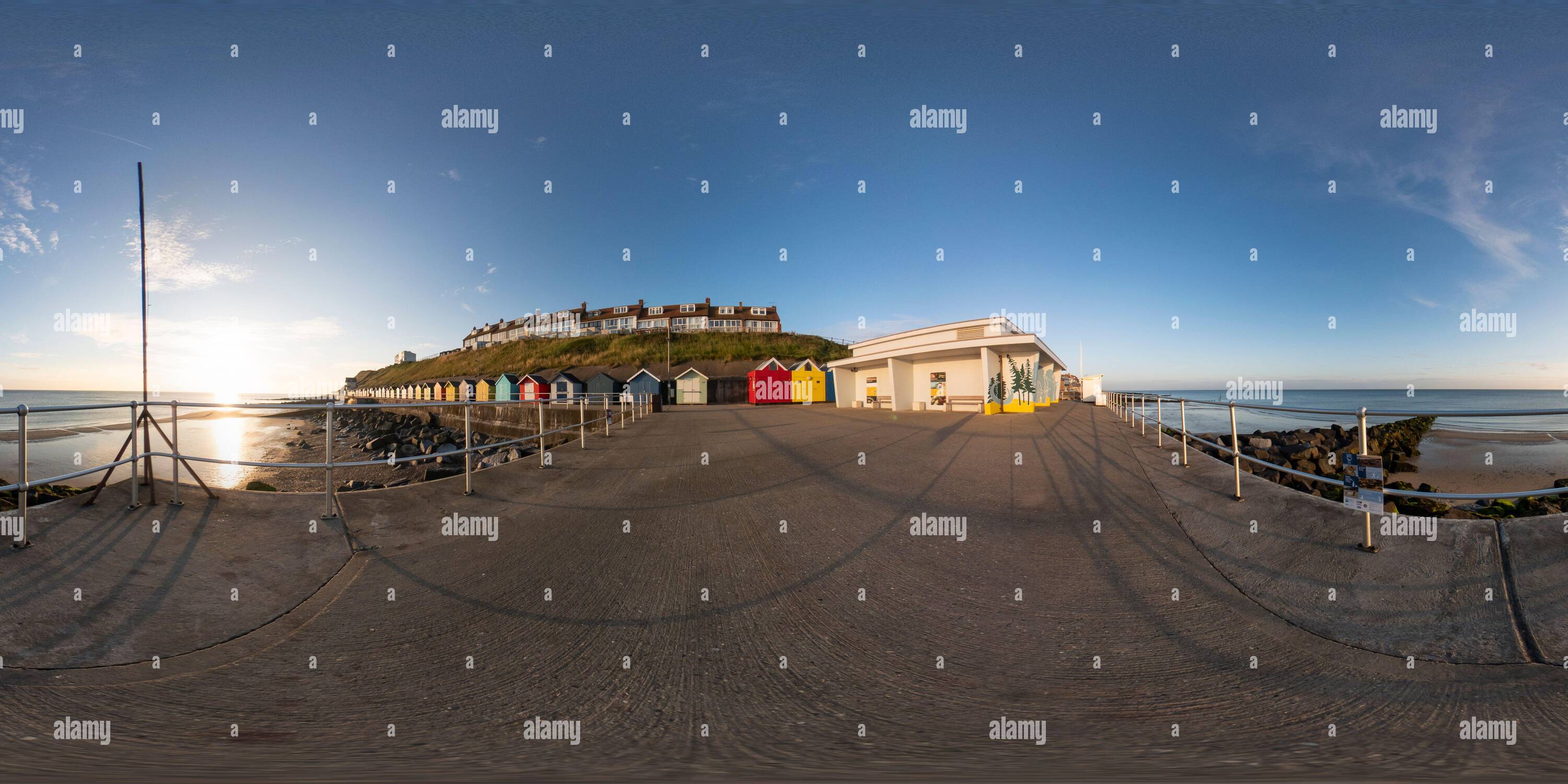 360° view of Traditional beach huts on Sheringham beach on the North ...