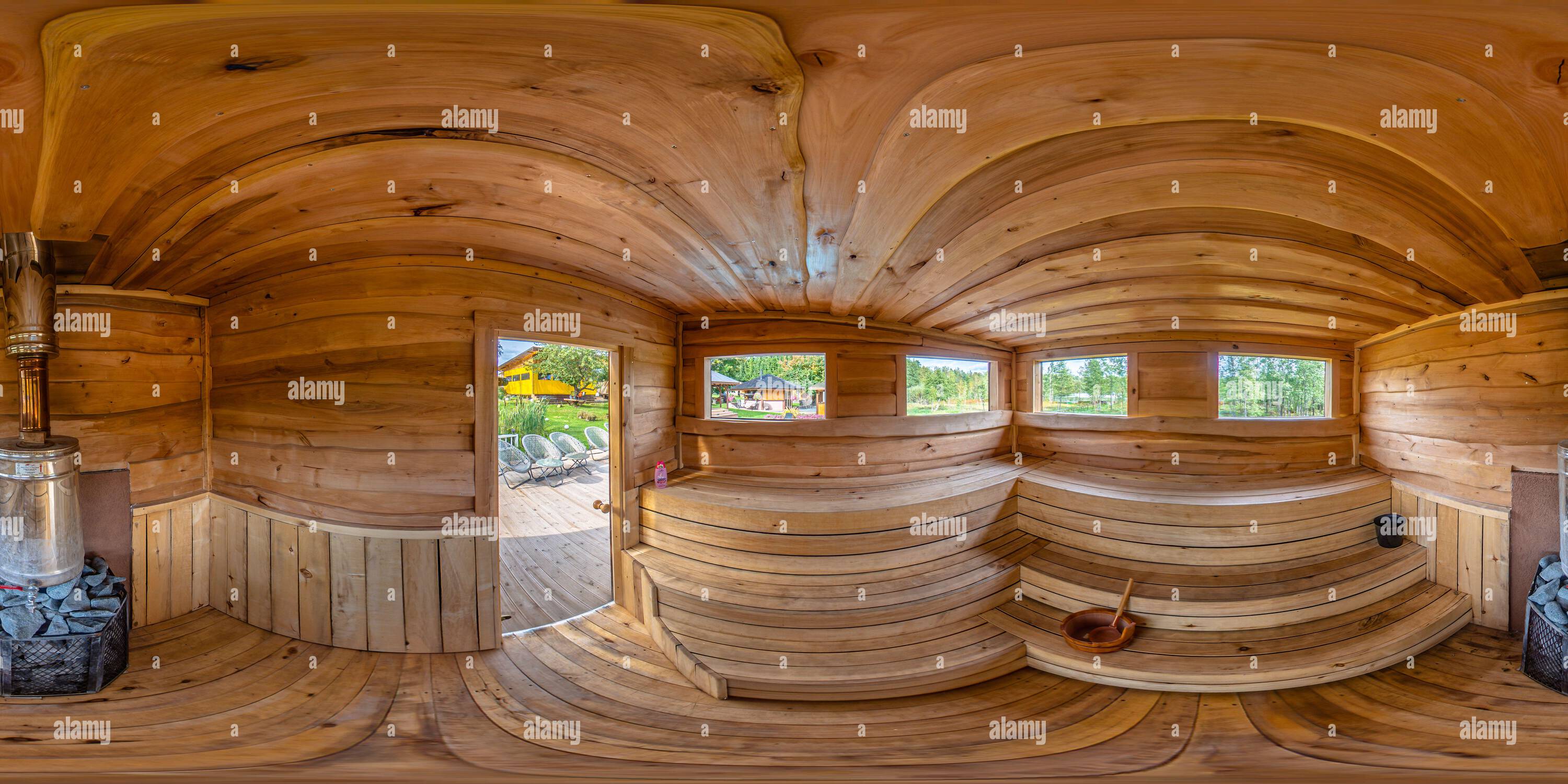 360° view of Large wooden sauna room with beautiful nature view - Alamy
