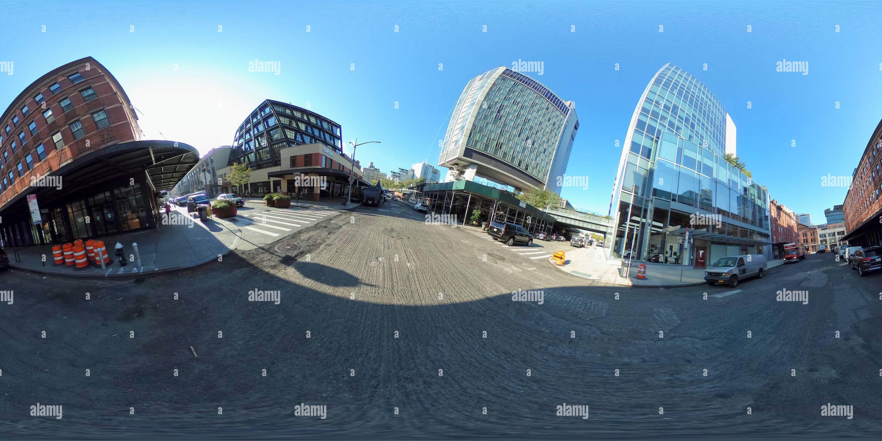 360° view of New York, NY, USA - Oct 16, 2021: Re-paving street in Meat ...