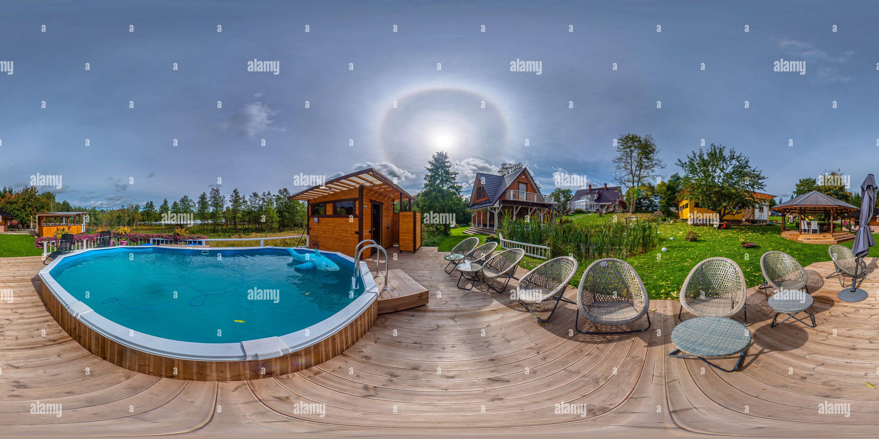 360° view of Sunny poolside terrace at a holiday center - Alamy
