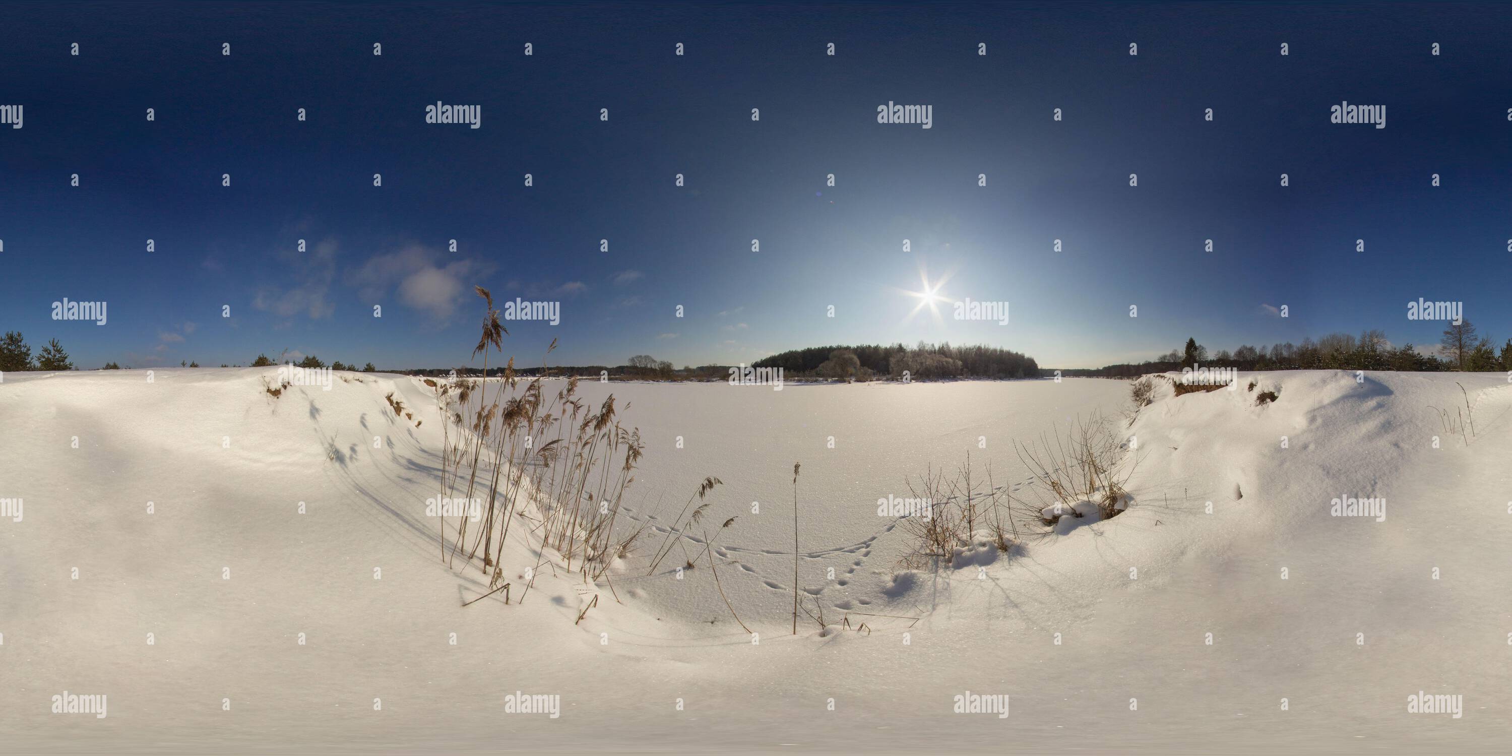 360° view of Beautiful landscape with trees blue sky river sun snow at ...