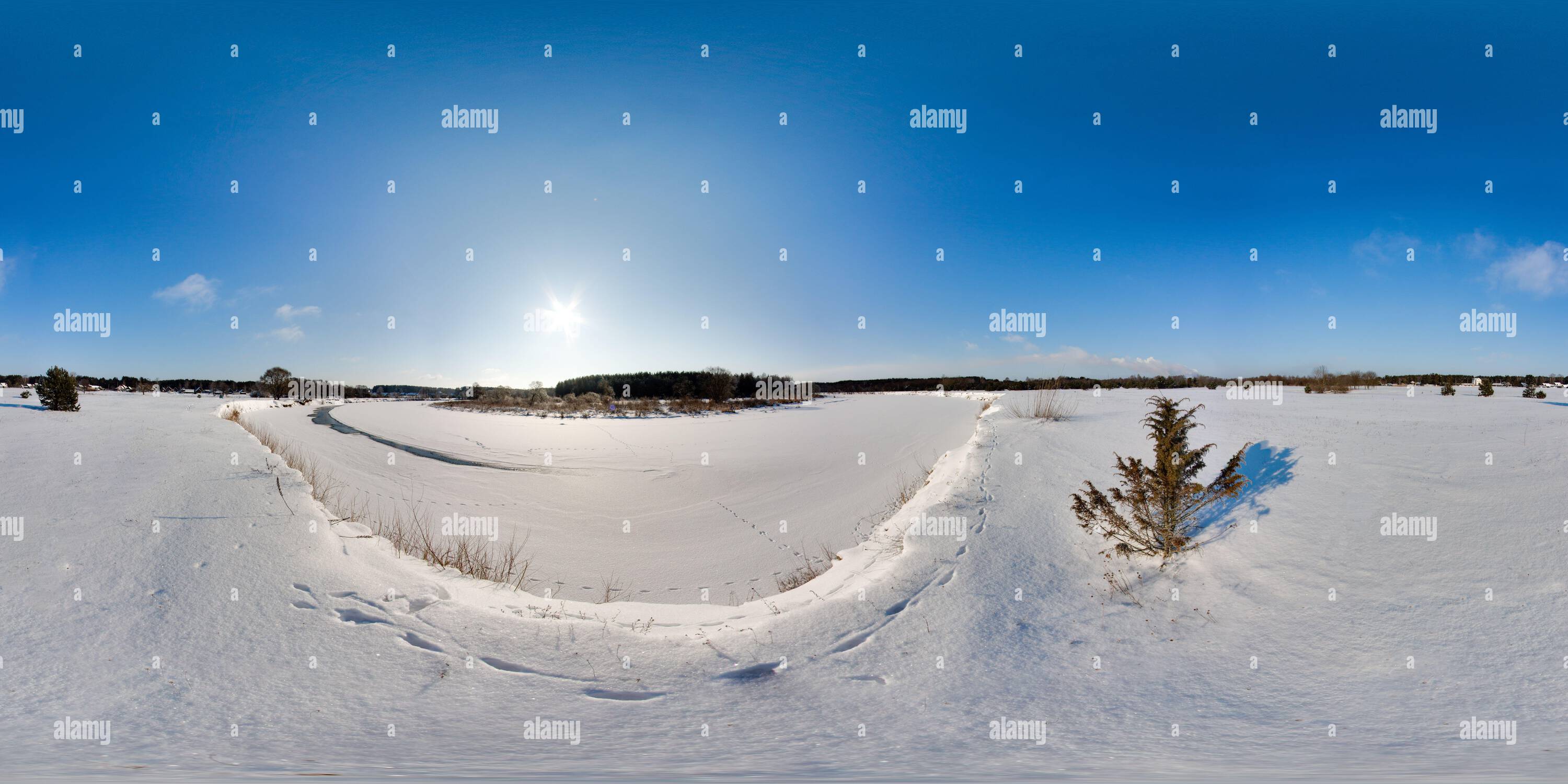 360° view of Beautiful landscape with trees blue sky river sun snow at ...
