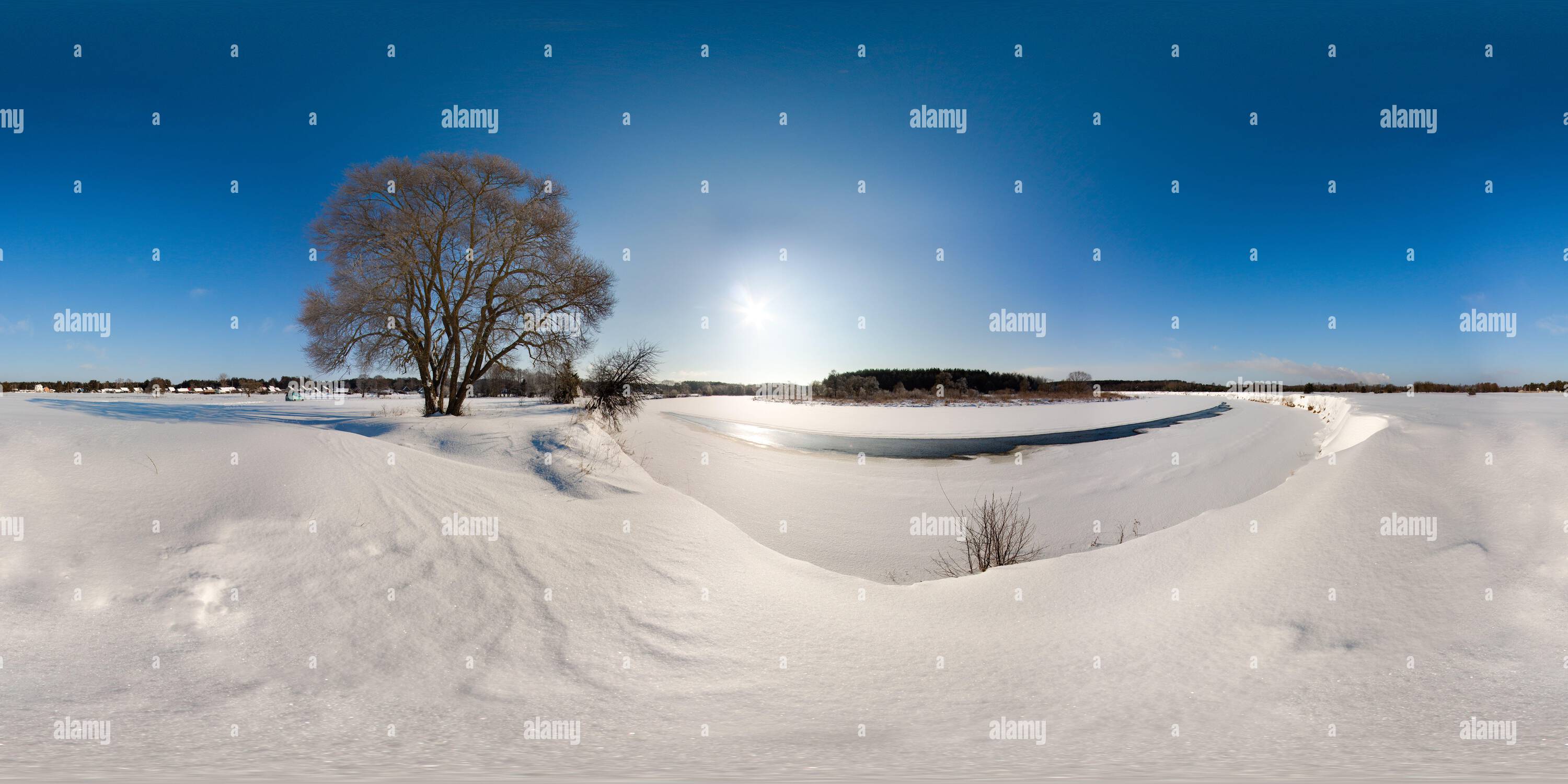 360° view of Beautiful landscape with trees blue sky river sun snow at ...