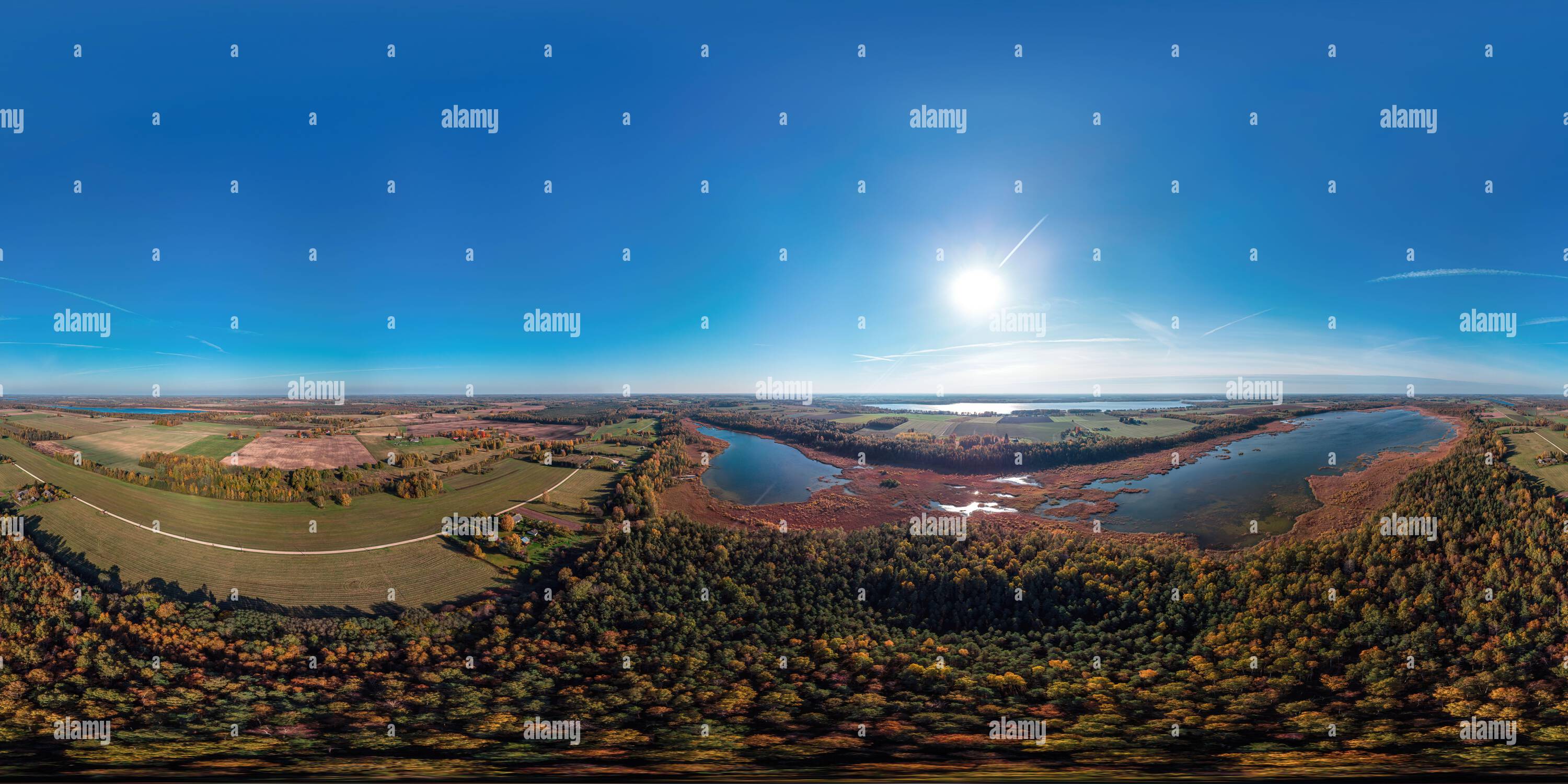 360° view of Colorful autumn leaves viewed from a drone with lakes and ...