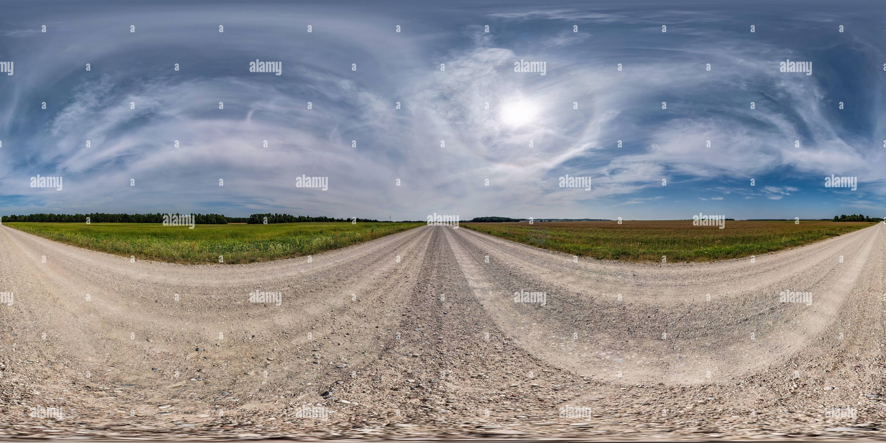 360° view of 360 hdri panorama on no traffic white sand gravel road ...