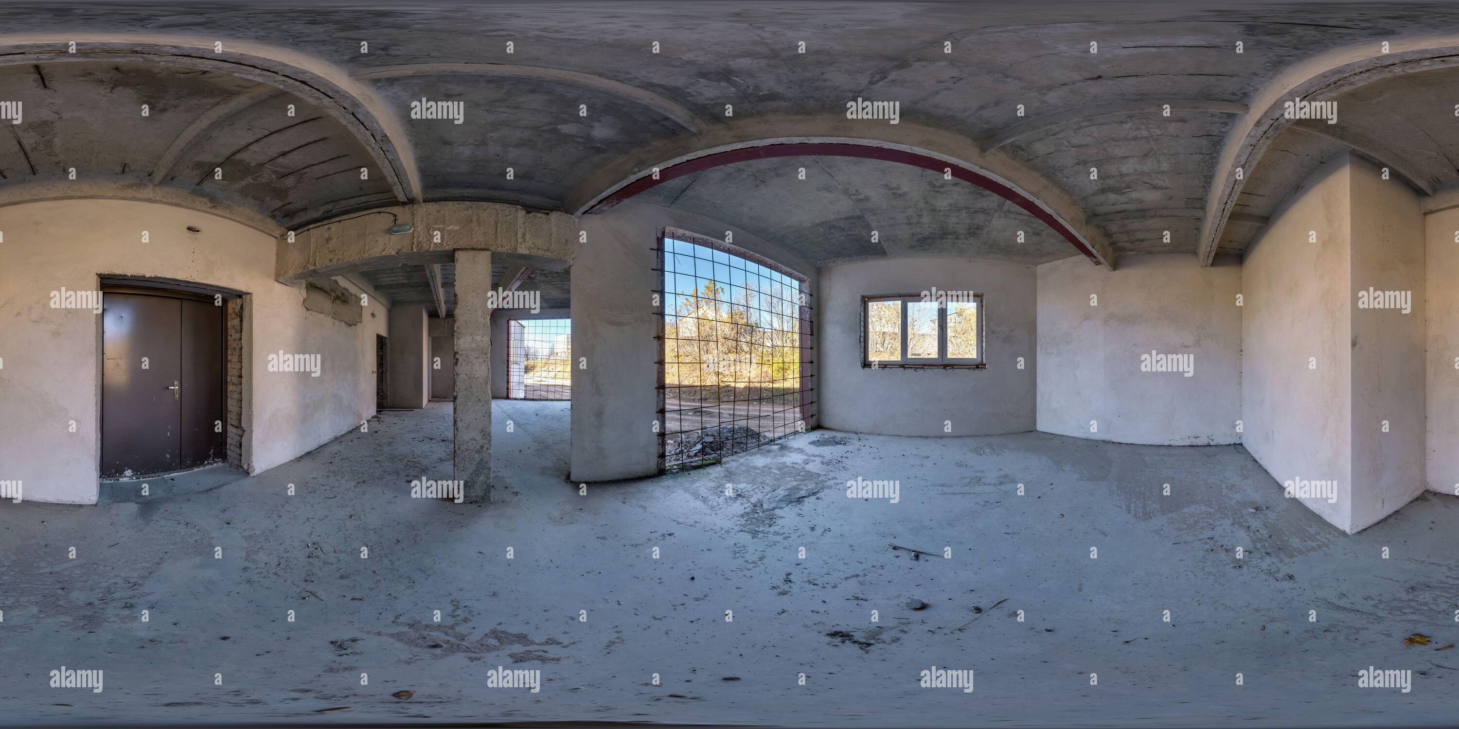 360° view of 360 hdri panorama in abandoned interior of large empty ...