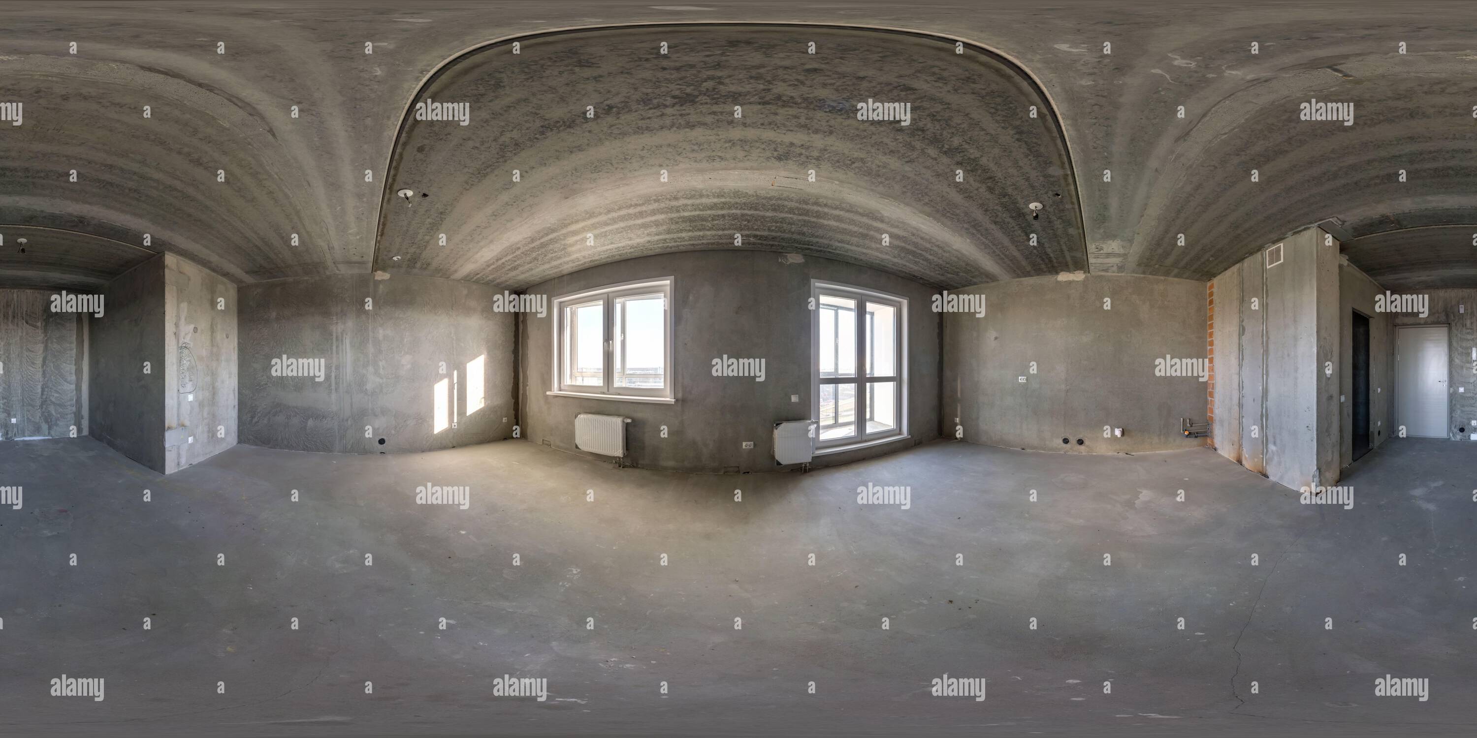 360° view of empty gray room without furniture and repair in full ...