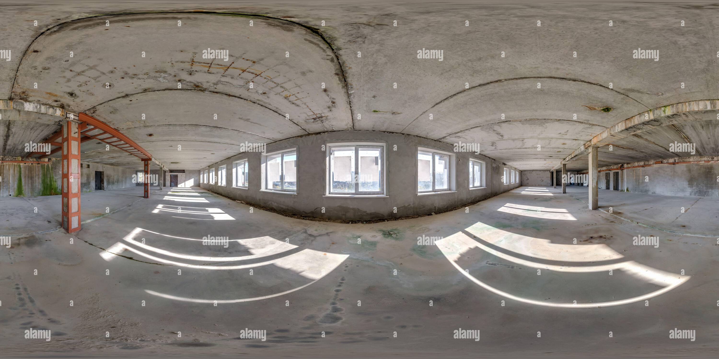 360° view of spherical 360 hdri panorama in abandoned interior of large ...