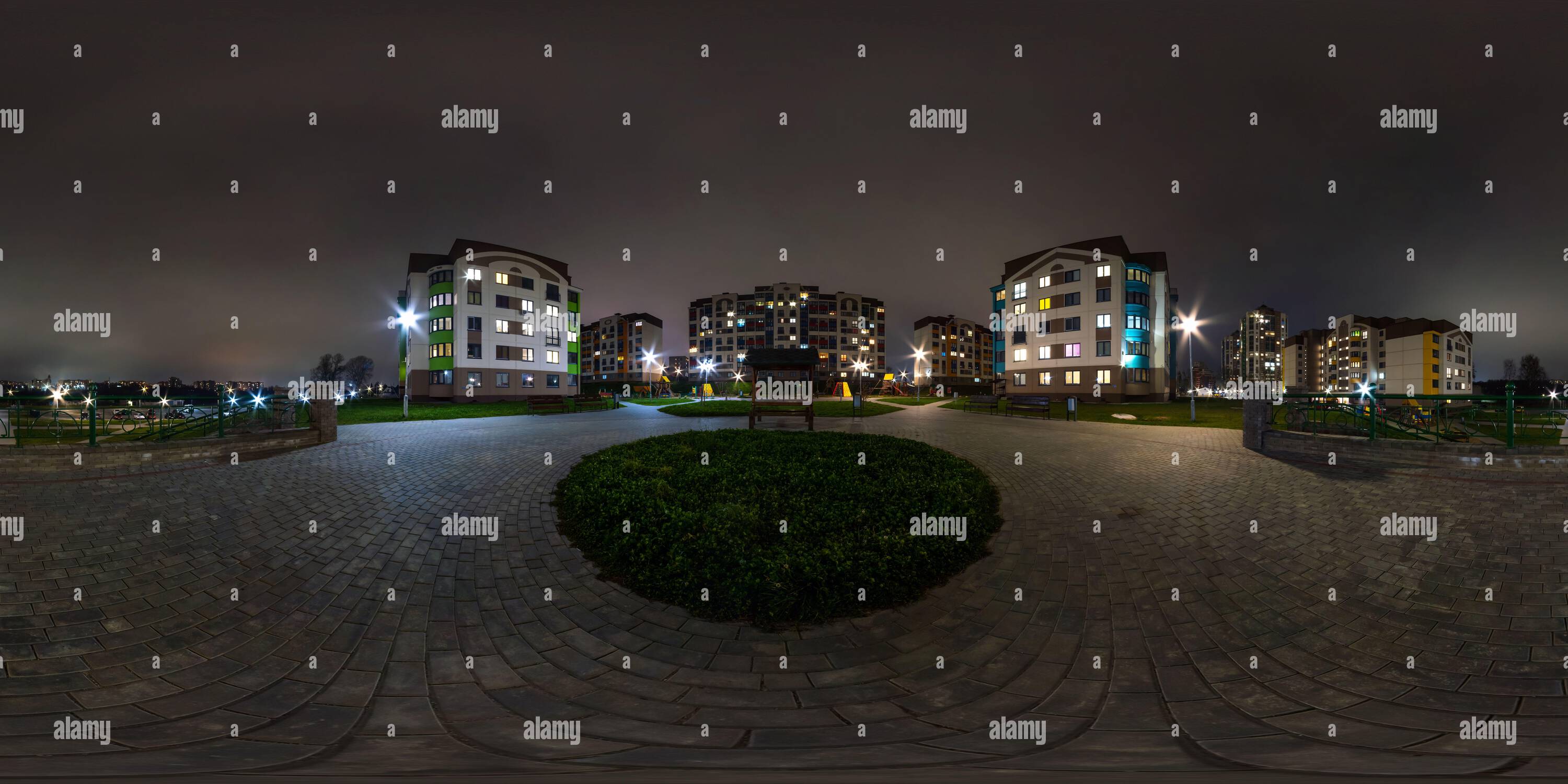 360° view of night 360 hdri panorama near playground in middle of ...