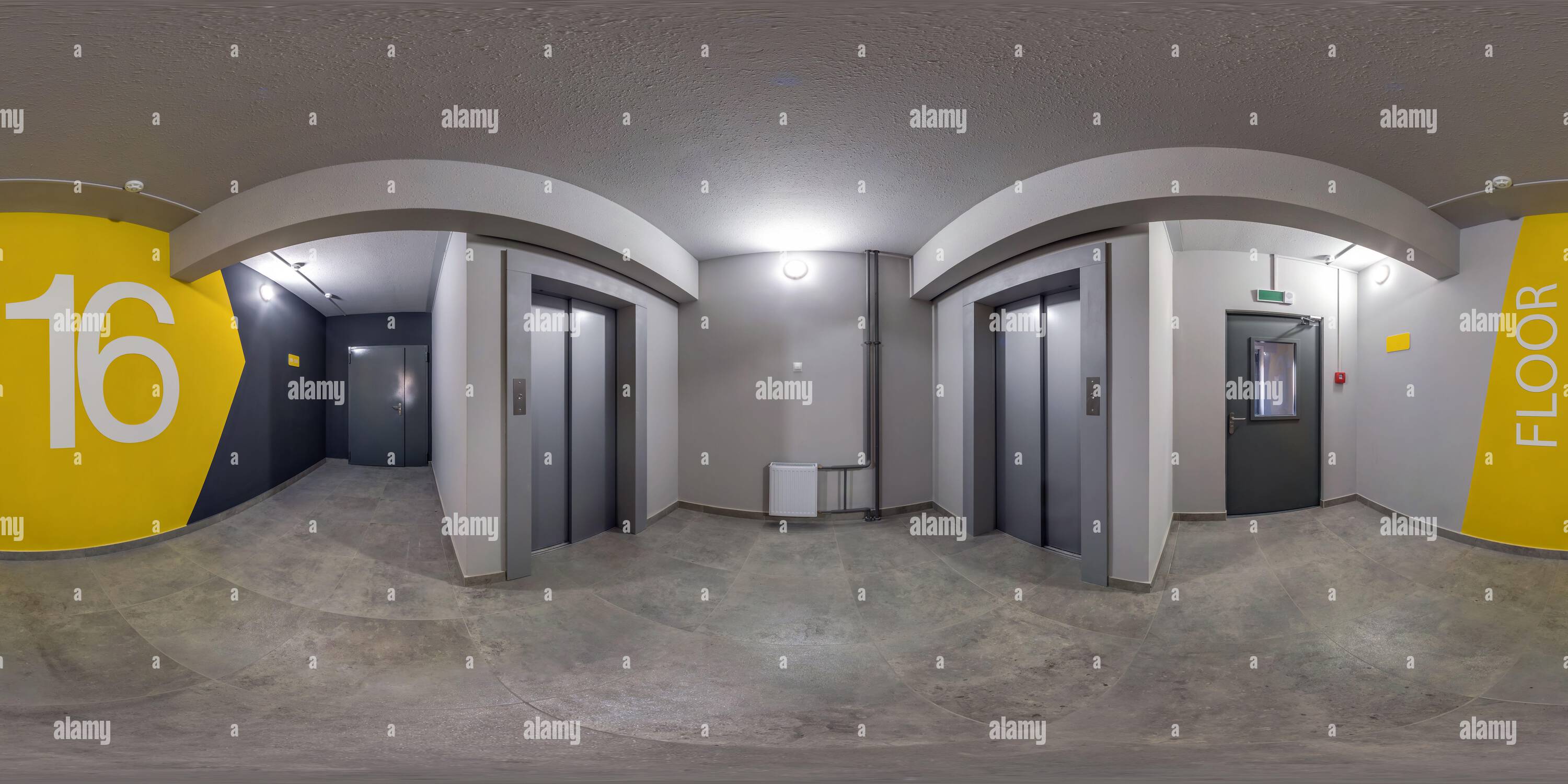 360° view of 360 hdri panorama in corridor near the elevators of metal ...