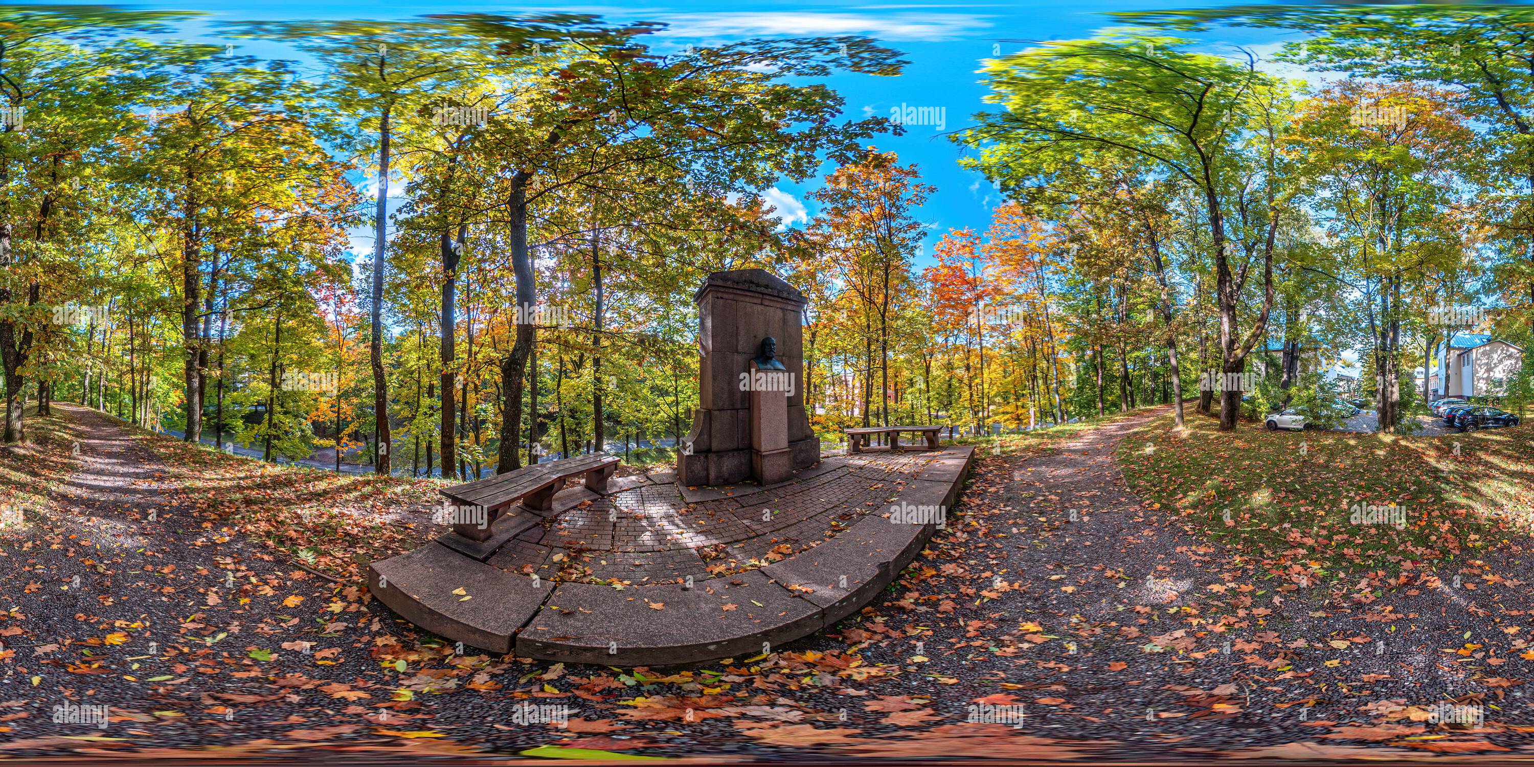 360° view of Lots of fallen leaves in a sunny autumn park with a ...