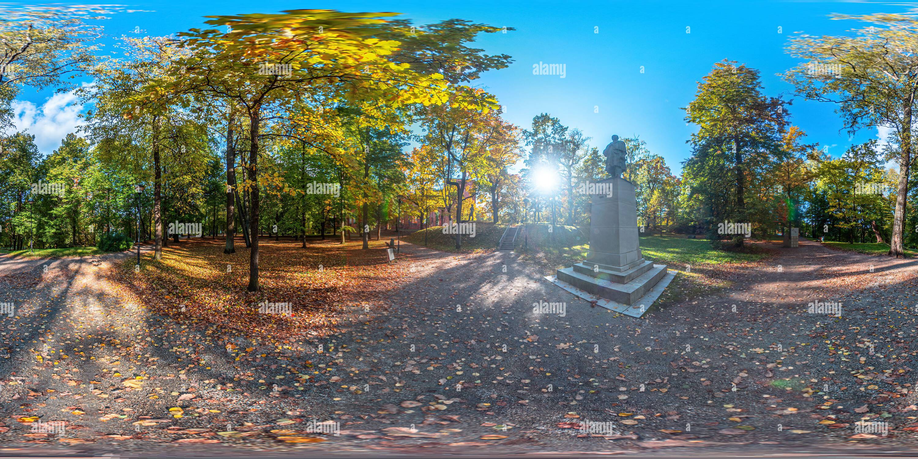 360° view of 360 view in a sunny autumn park with lots of fallen leaves ...