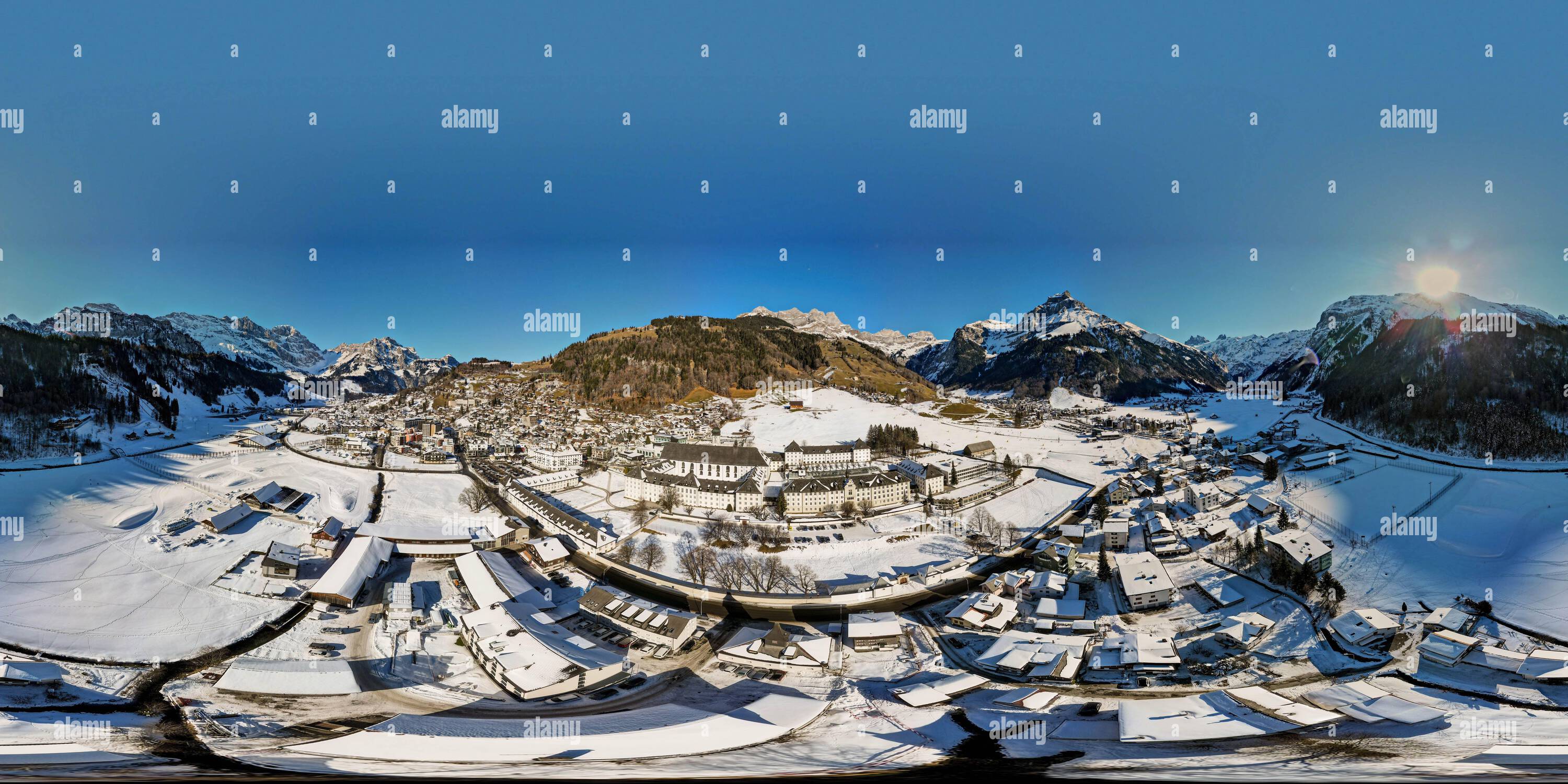 360° view of Drone view at the village of Engelberg on the Swiss alps ...