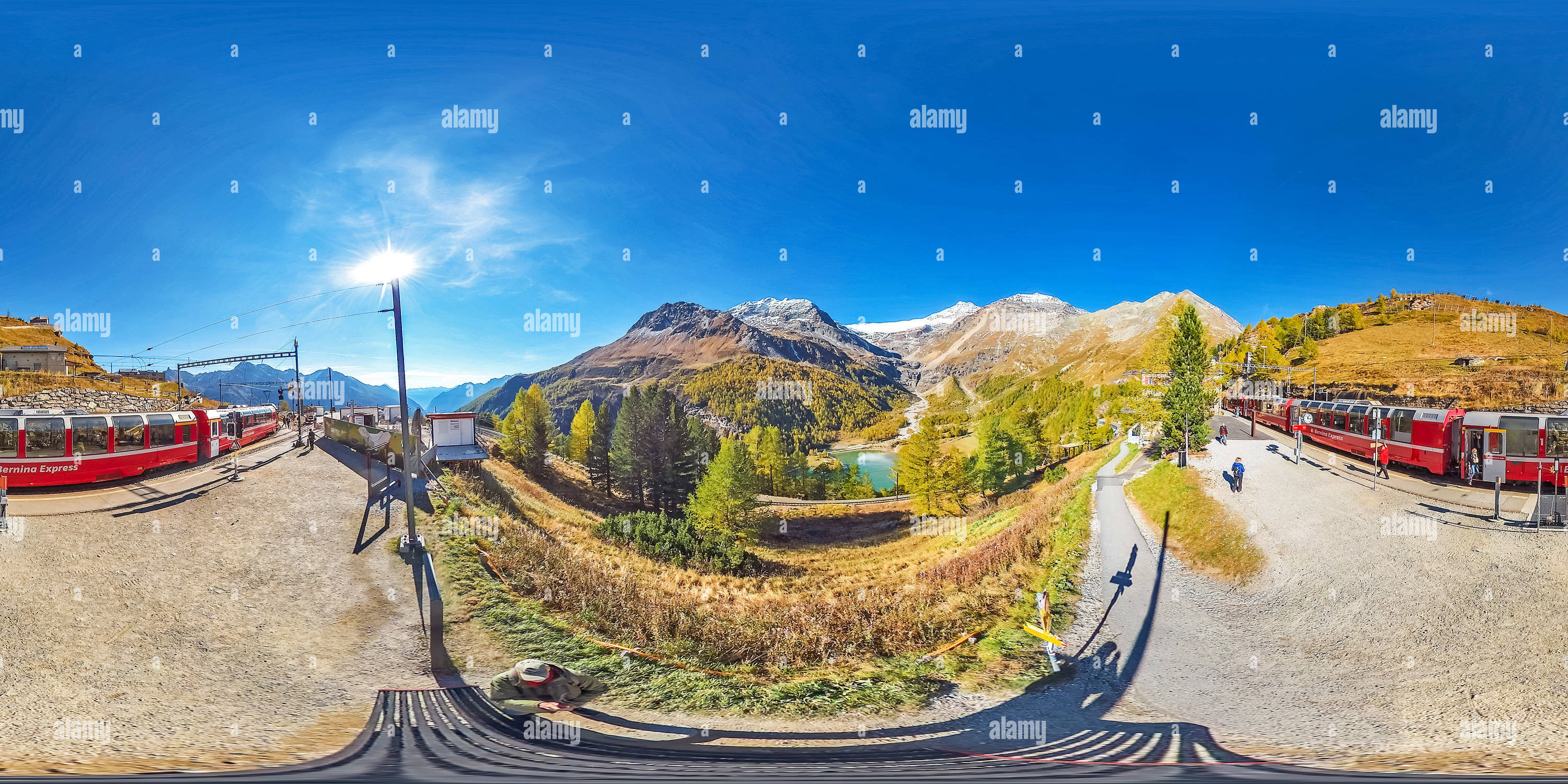 360° view of Bernina Express at Alp Gruem Switzerland on the way to ...