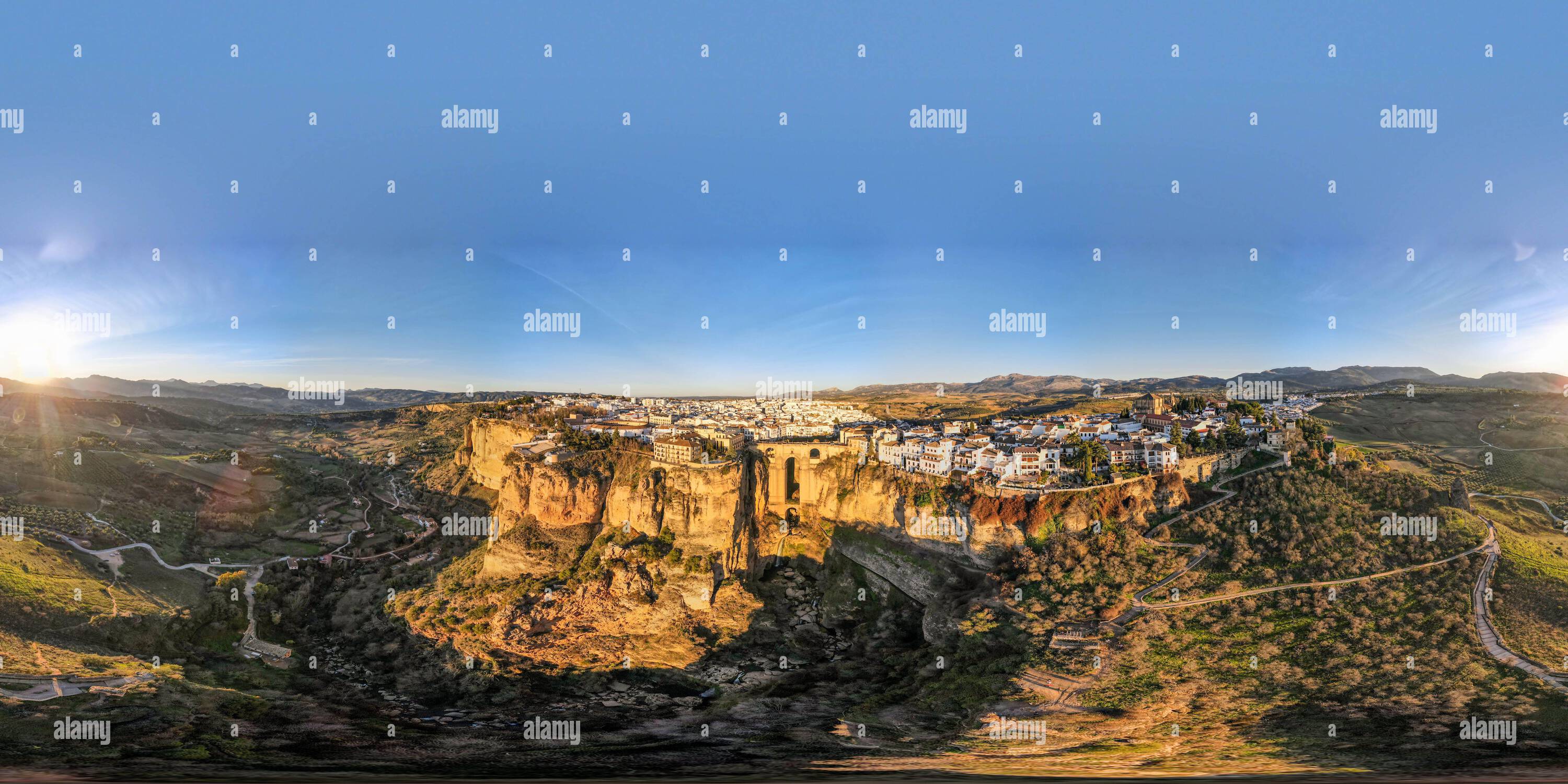 360° view of Drone view at the old bridge of Ronda on Andalusia in ...