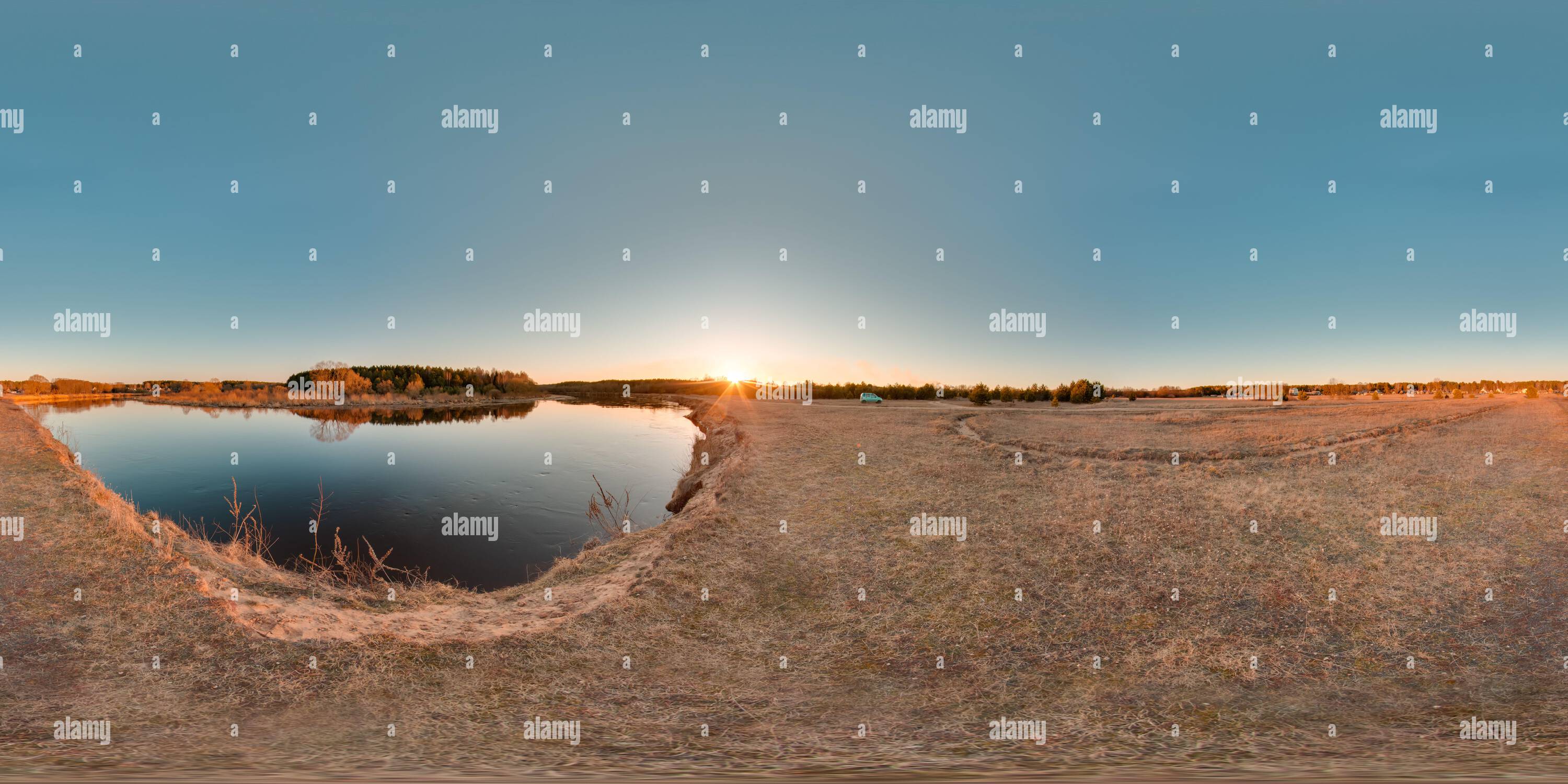 360° view of Beautiful landscape with river blue sky sunset at spring ...