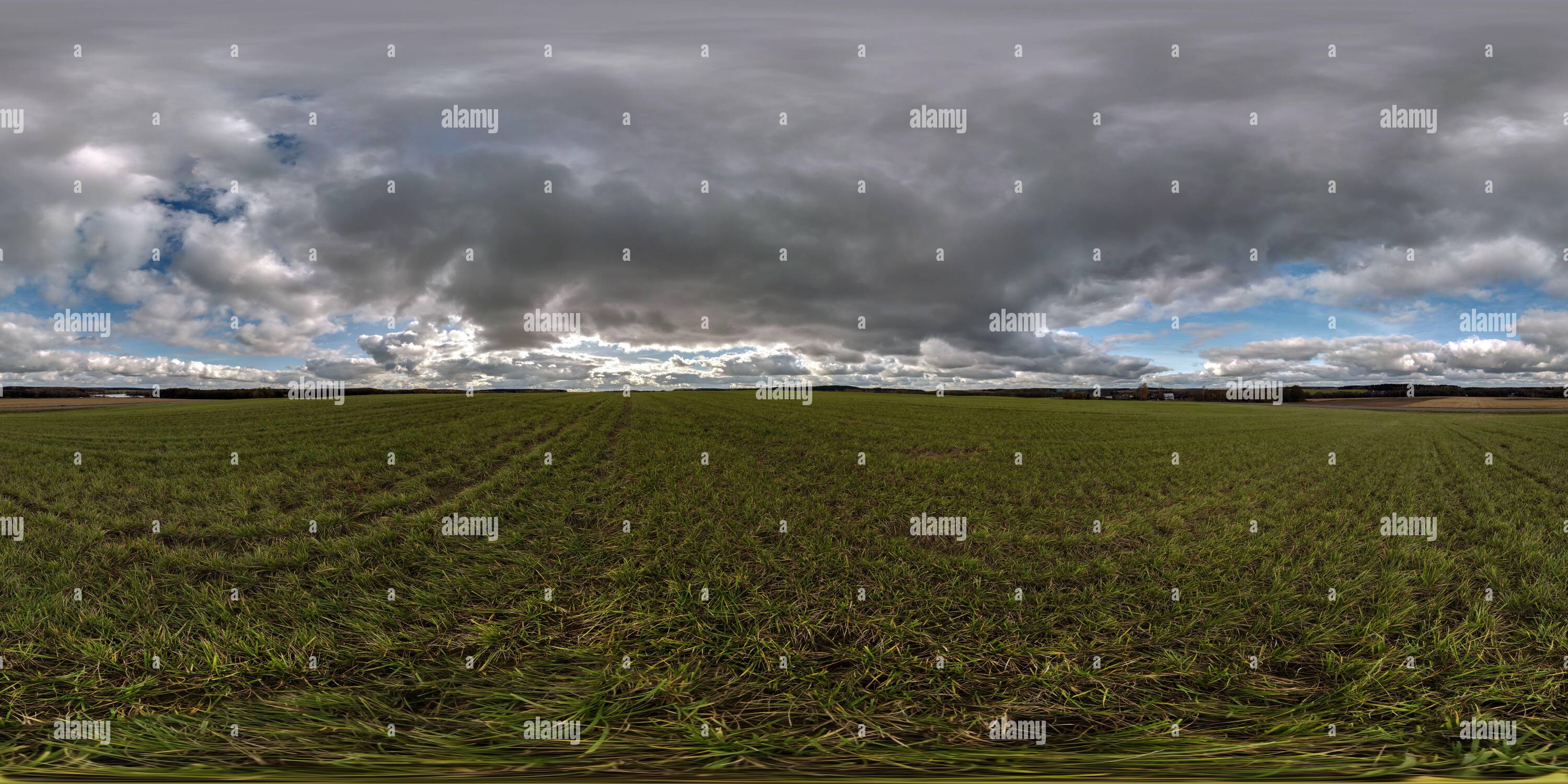 360° view of 360 seamless hdr panorama view among fields with clouds in ...