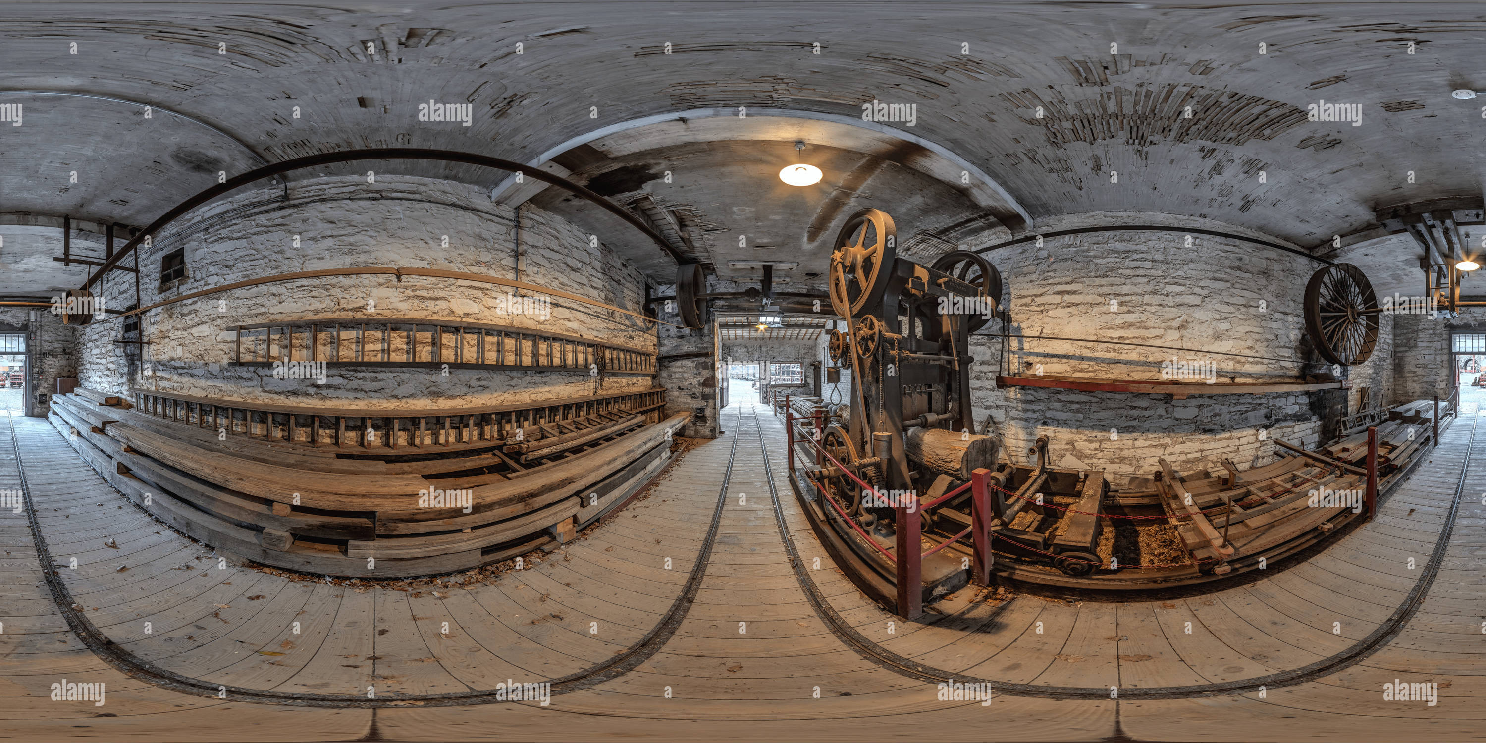 360° view of Llanberis slate museum - big saw for the railway sleepers ...