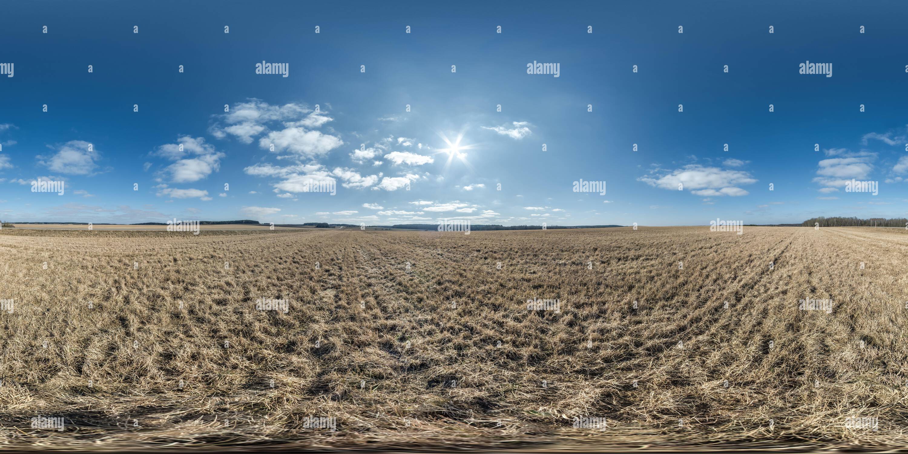 360° view of 360 hdri panorama view among farming fields with sun with ...