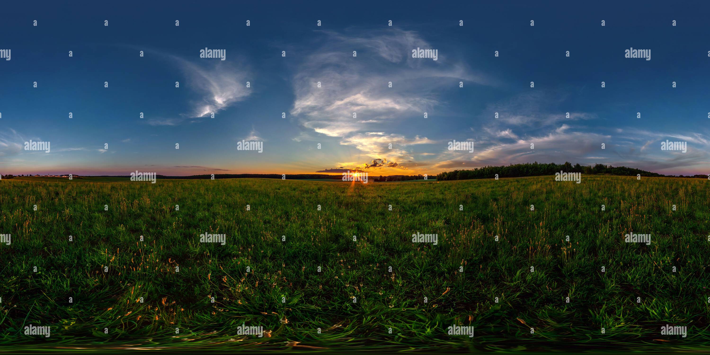 360° view of evening hdr panorama 360 view among farming fields with ...