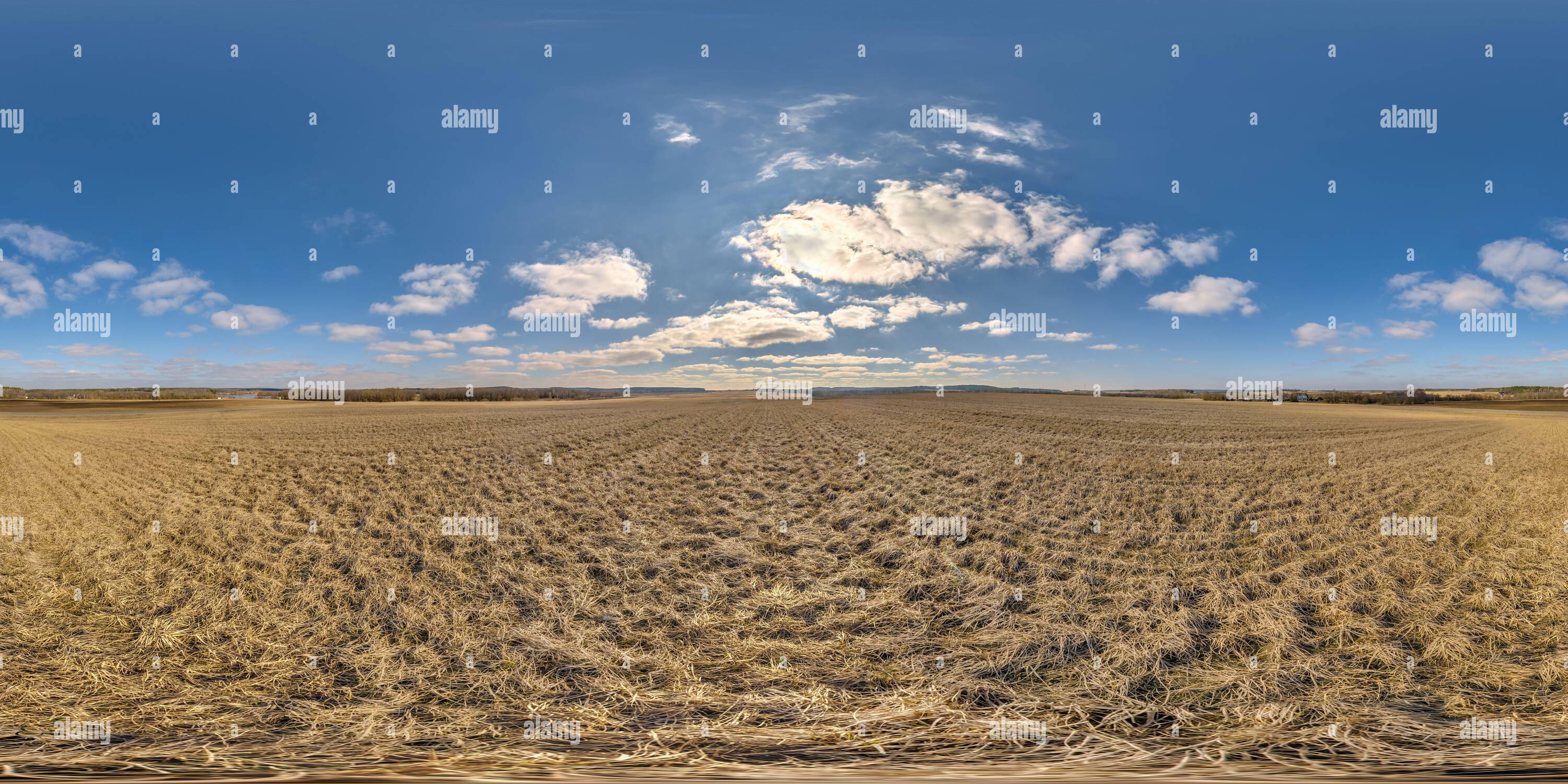 360° view of 360 hdri panorama view among farming fields with sun ...