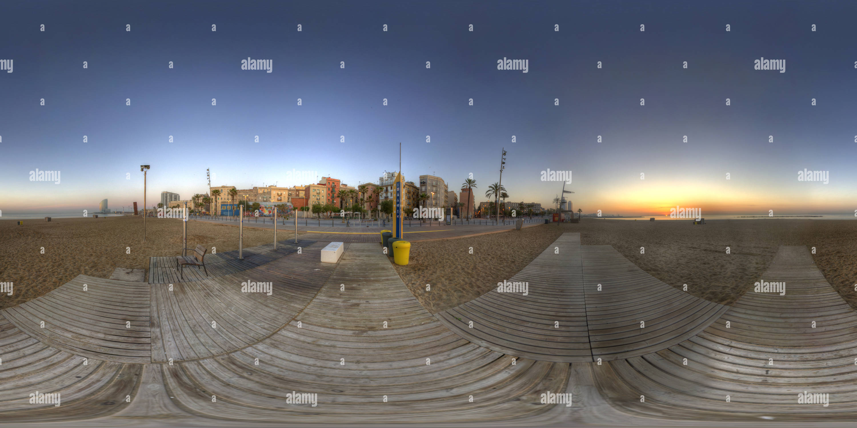 360° view of Sunrise at Barceloneta Beach, Barcelona City - Alamy